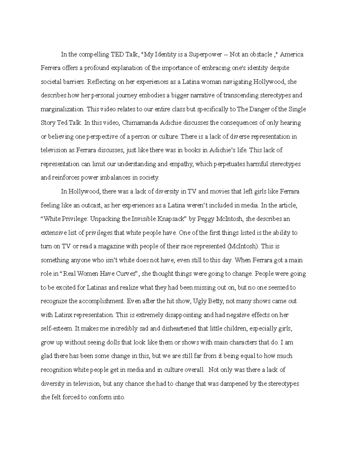 Reflection on TED Talk: America Ferrera and Identity Challenges - Studocu