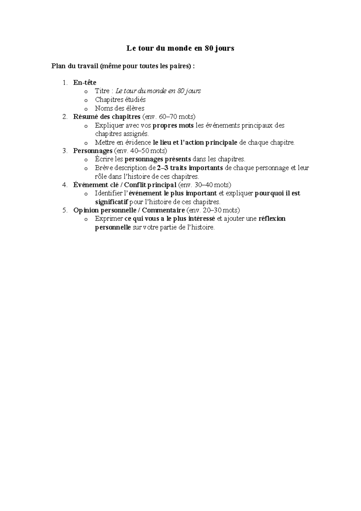 Projet de Lecture : Le Tour du Monde en 80 Jours - Plan de Travail ...