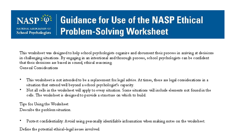 NASP Ethical Problem Solving Worksheet: Speech Eligibility vs ...