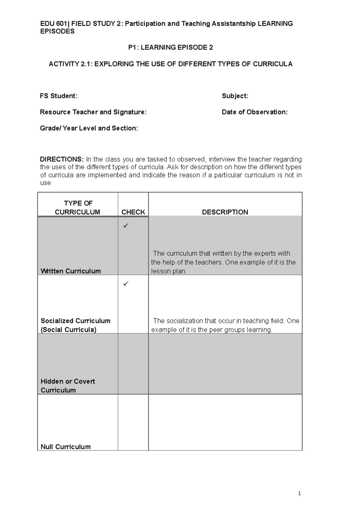 EDU 601: Field Study 2 - Episode 2 Analysis of Curriculum Types - Studocu