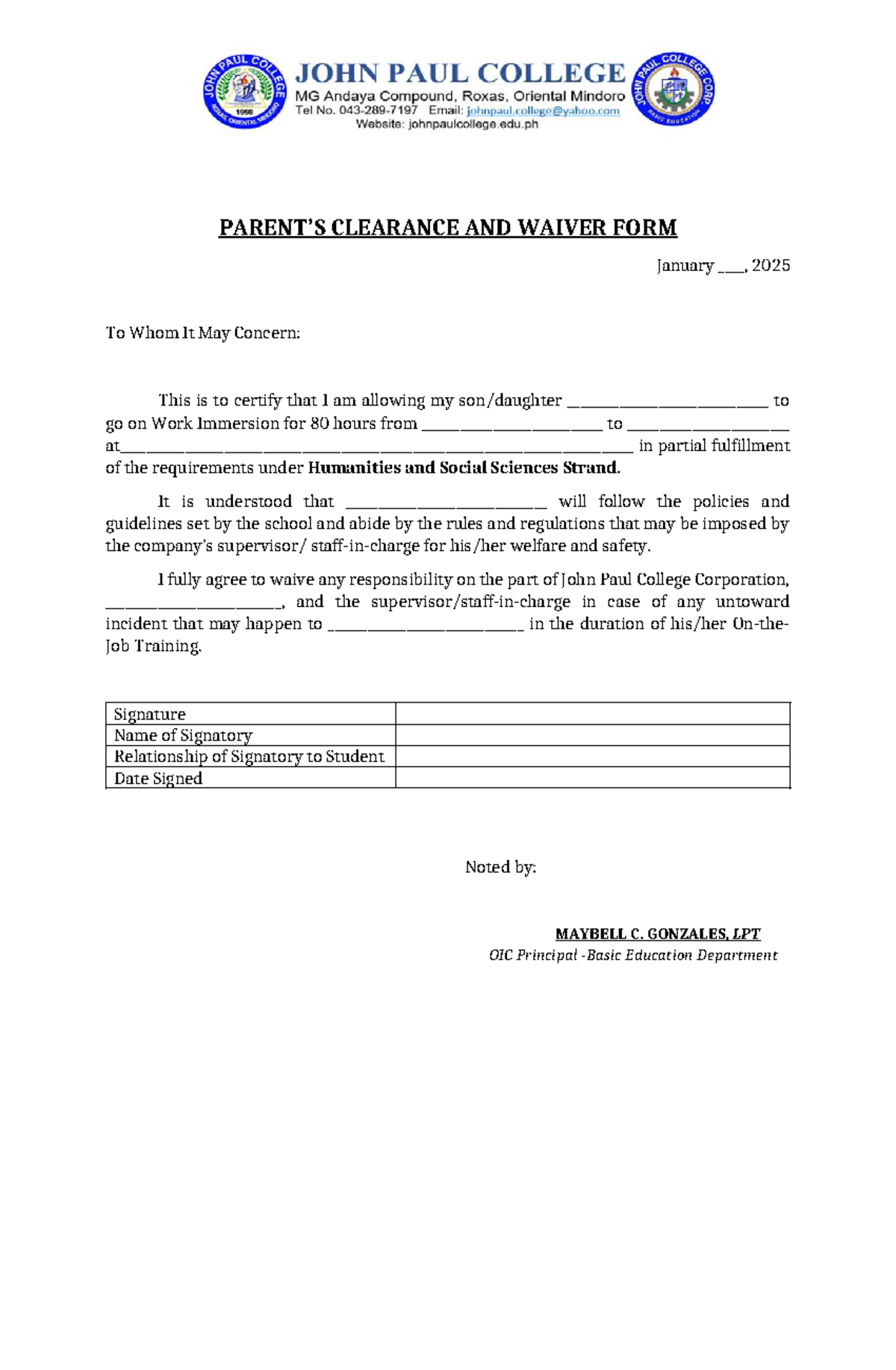 Humss- Waiver 2 - Bsa - PARENT’S CLEARANCE AND WAIVER FORM January ____, 2025 To Whom It May ...