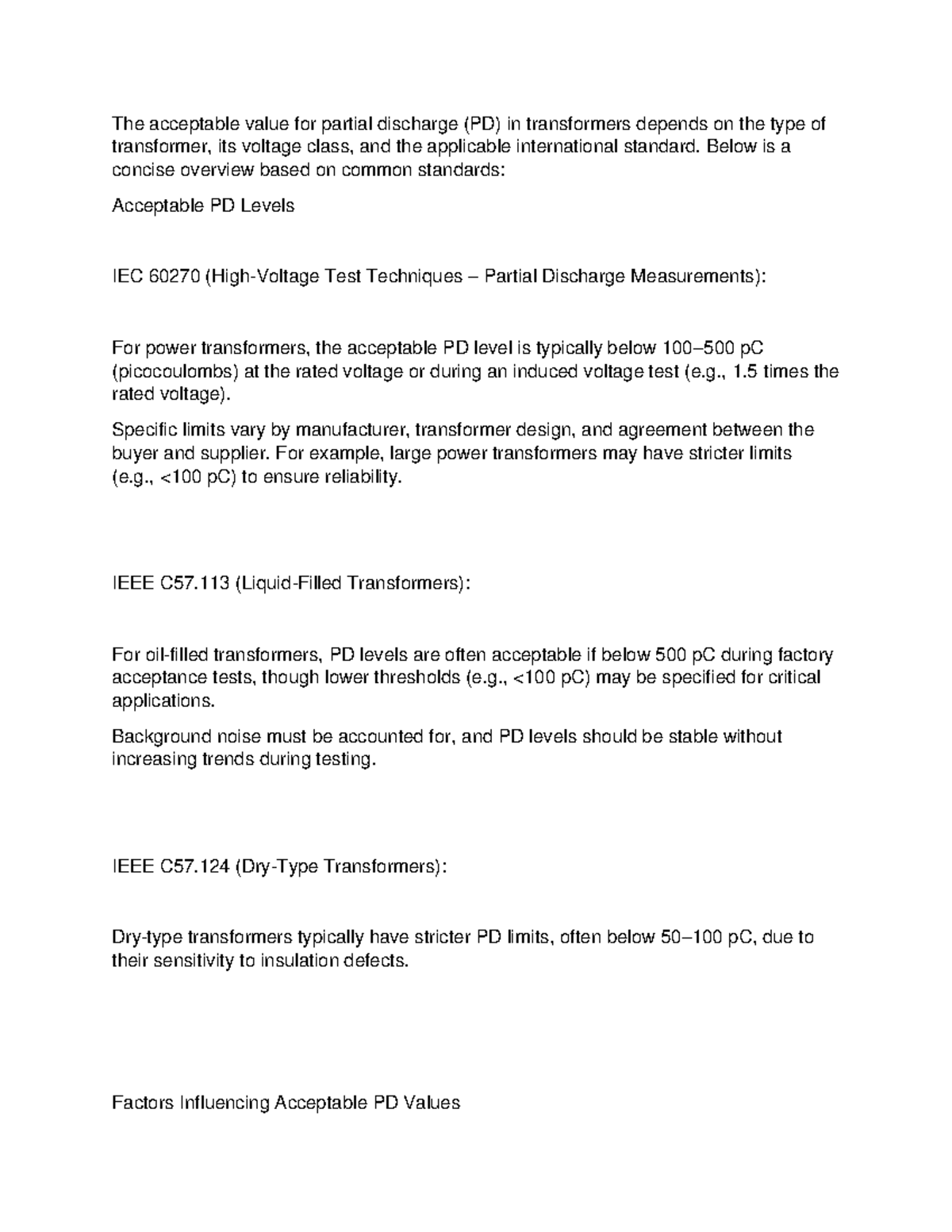 Acceptable Partial Discharge Levels in Transformers: Overview and ...