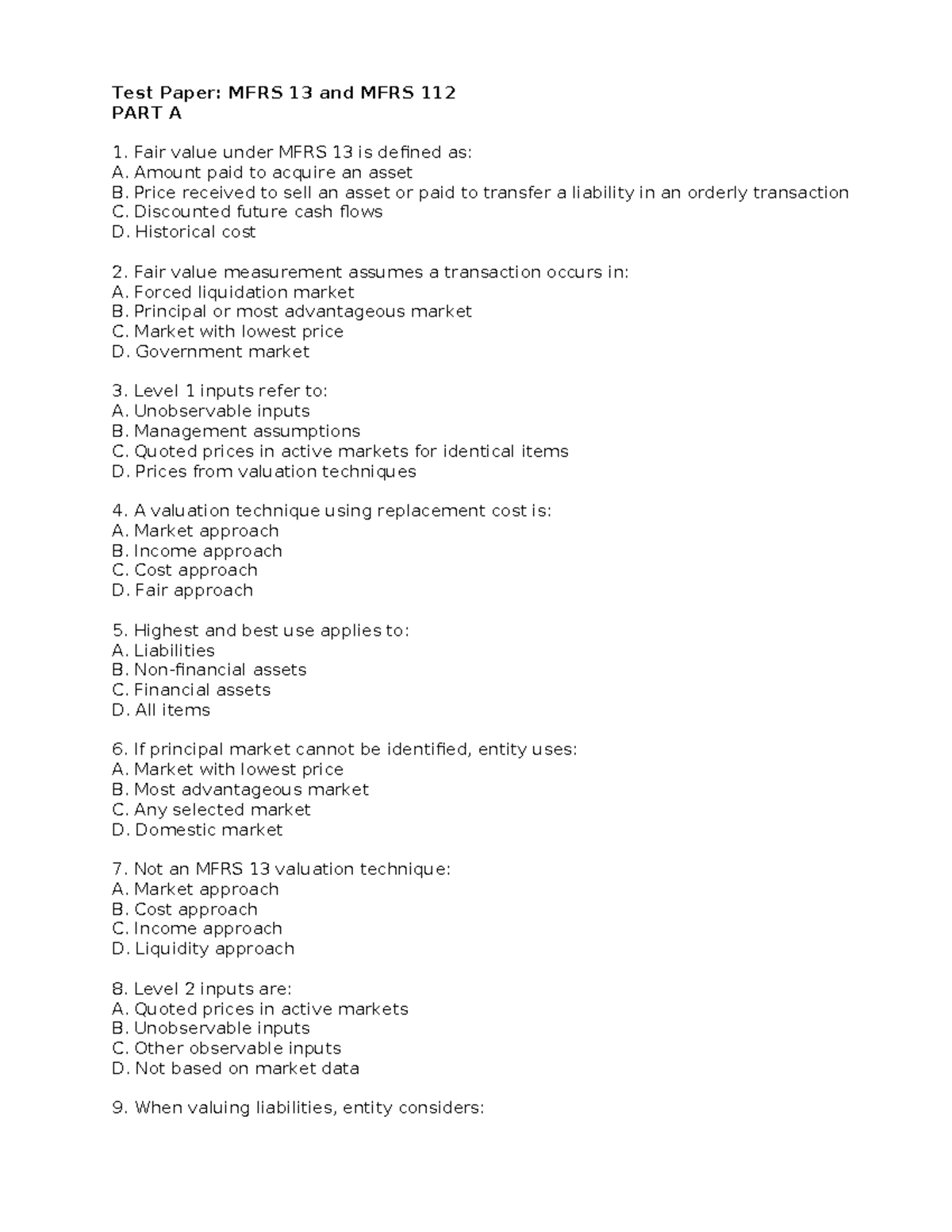 MFRS 13 & 112 Test Paper: Fair Value Concepts & Calculations - Studocu