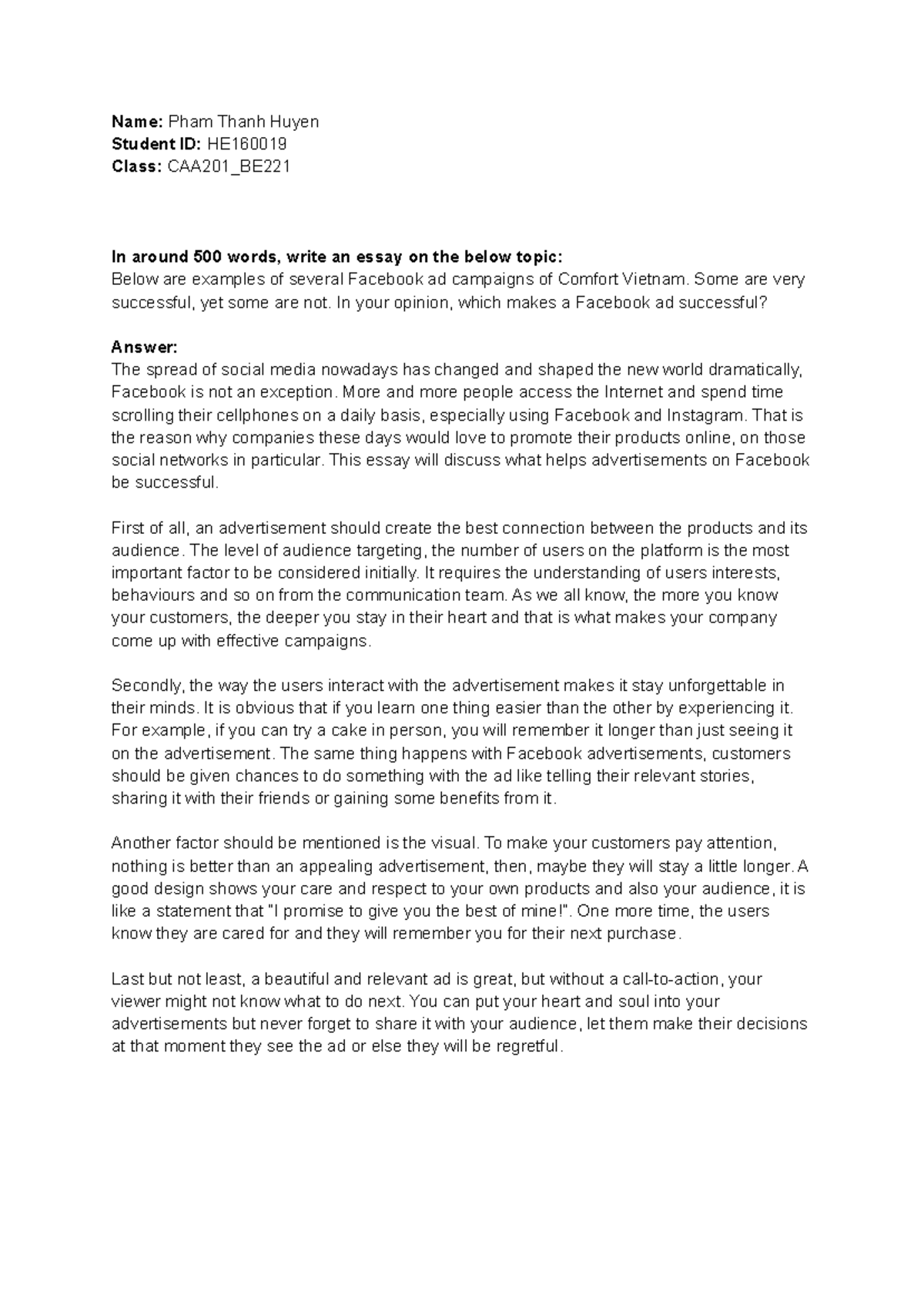 CAA201 Essay: Keys to Successful Facebook Ad Campaigns - Studocu
