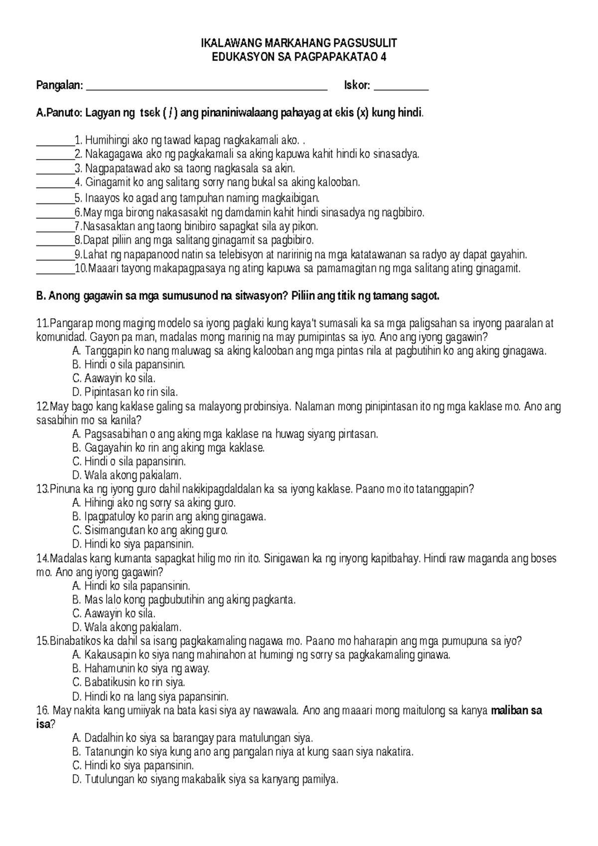 PT ESP 4 Q2 - IKALAWANG MARKAHANG PAGSUSULIT SA EDUKASYON - Studocu