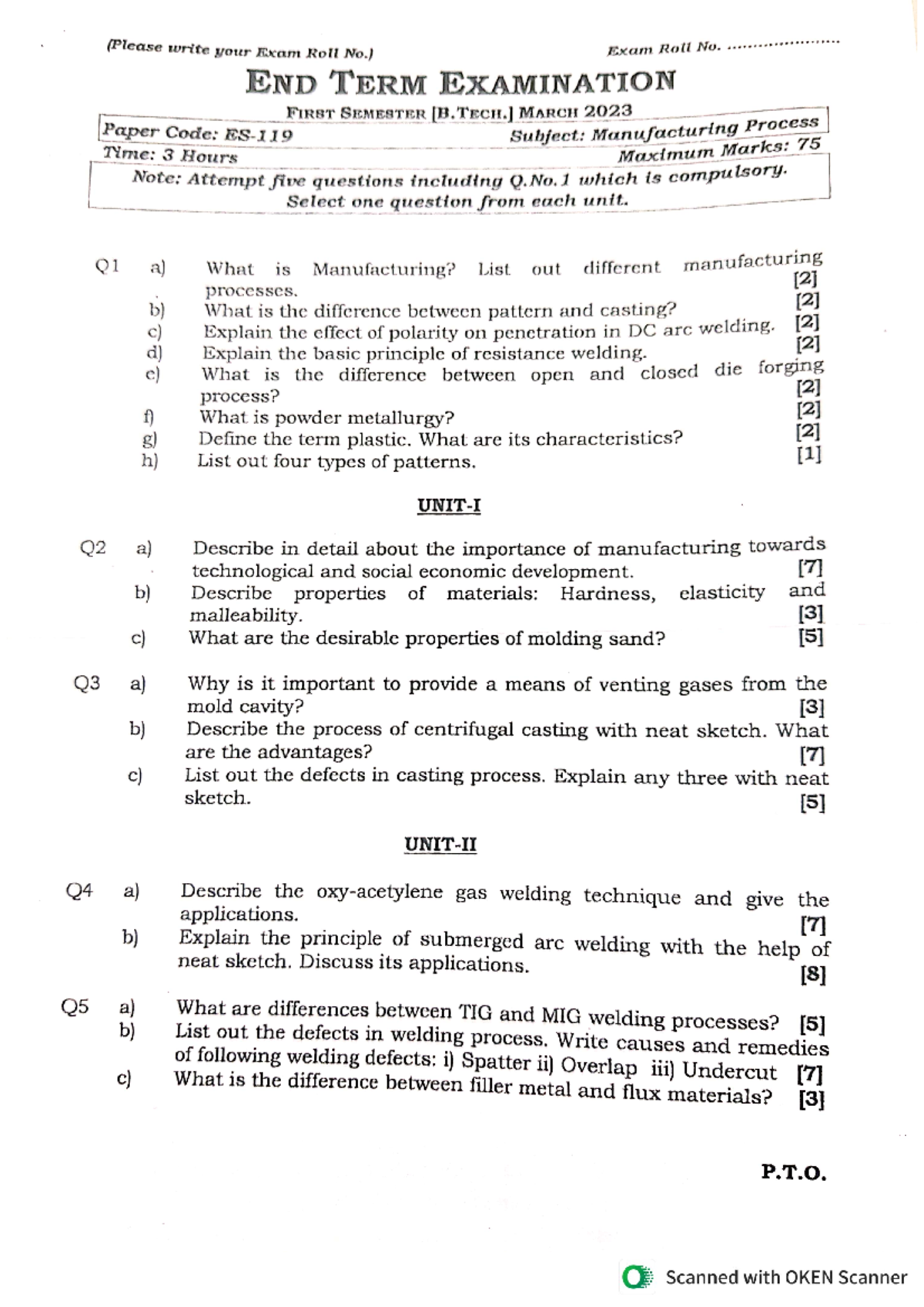 Manufacturing Process Units 1-4 with PYQs for End Term Exam (MFG 101 ...