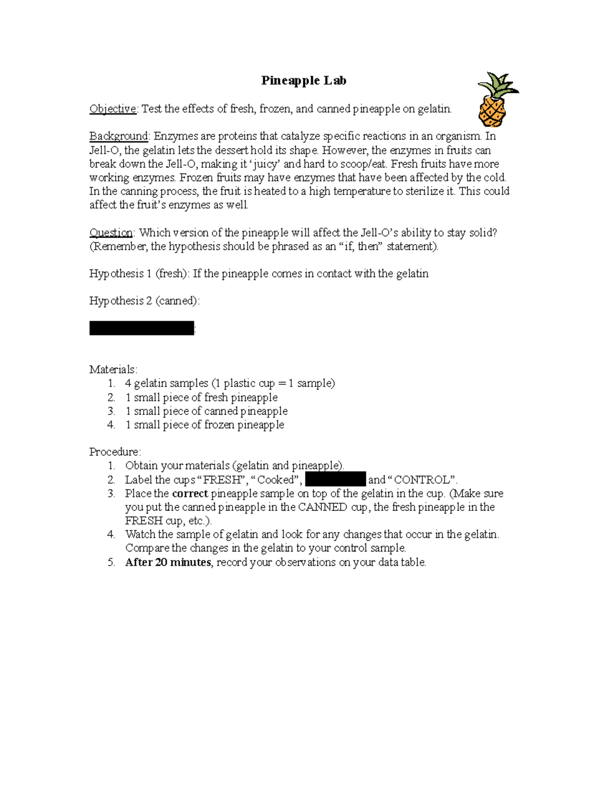 Pineapple Lab Experiment: Effects on Gelatin Analysis - Studocu