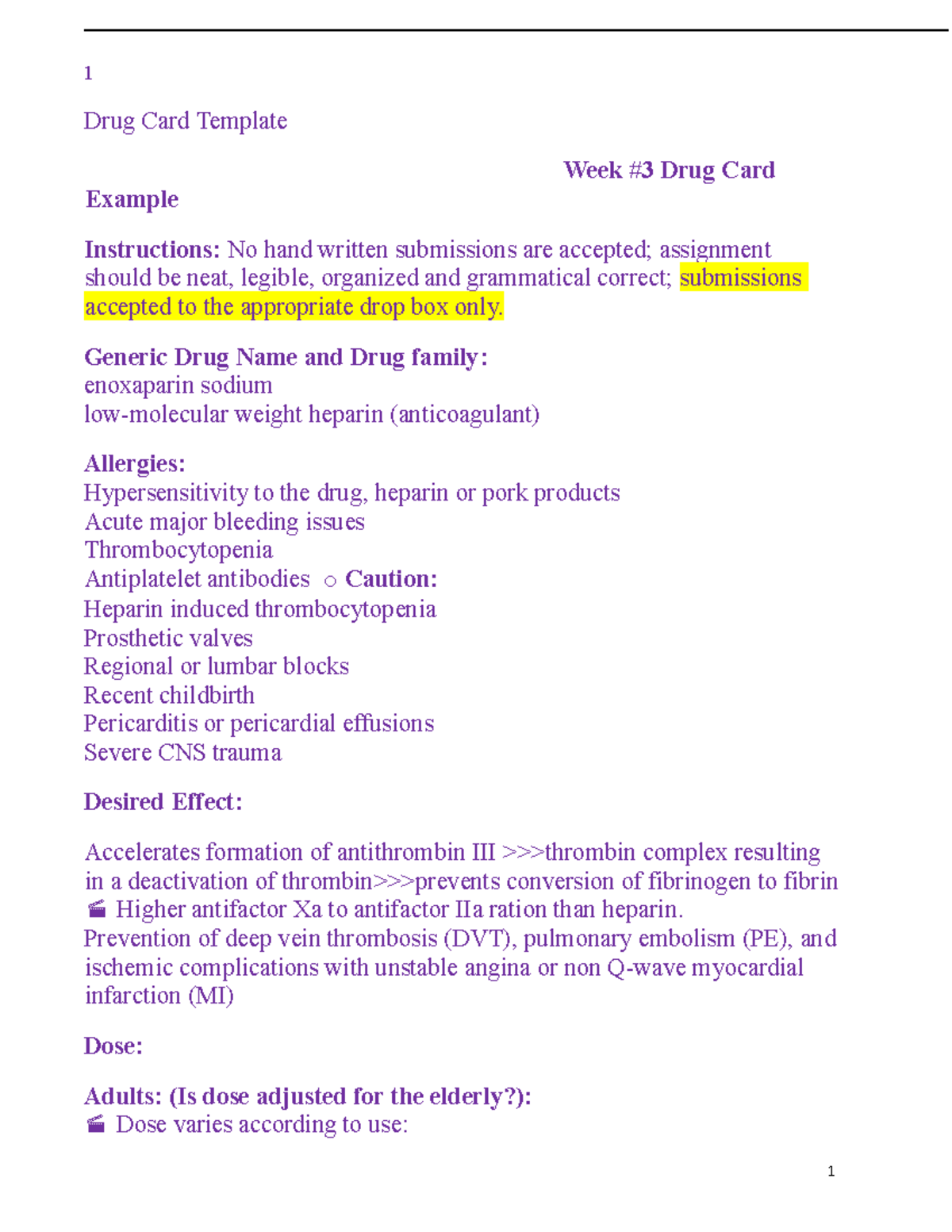 Drug card - Drug card - 1 Drug Card Template Week #3 Drug Card Example ...