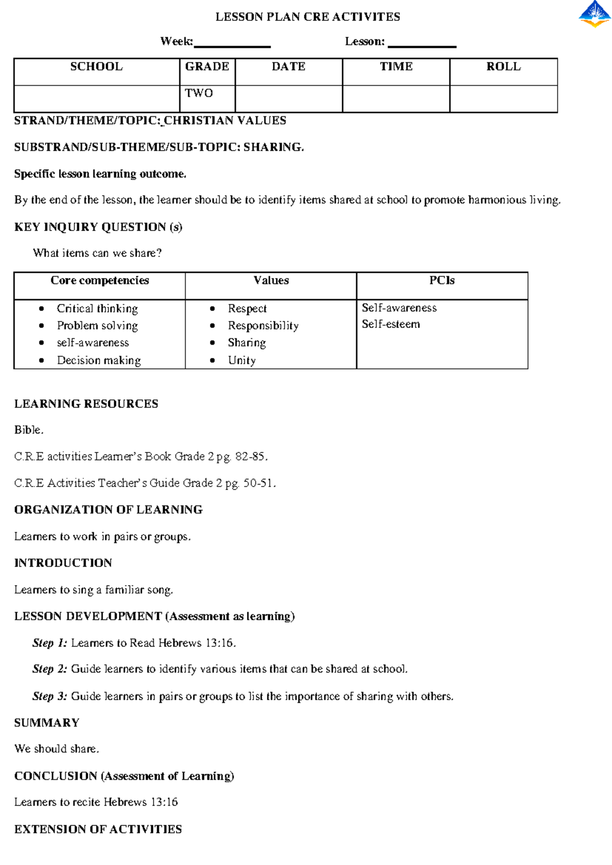 Grade 2-christian-values-lesson-plans-cre-word-format - LESSON PLAN CRE ...