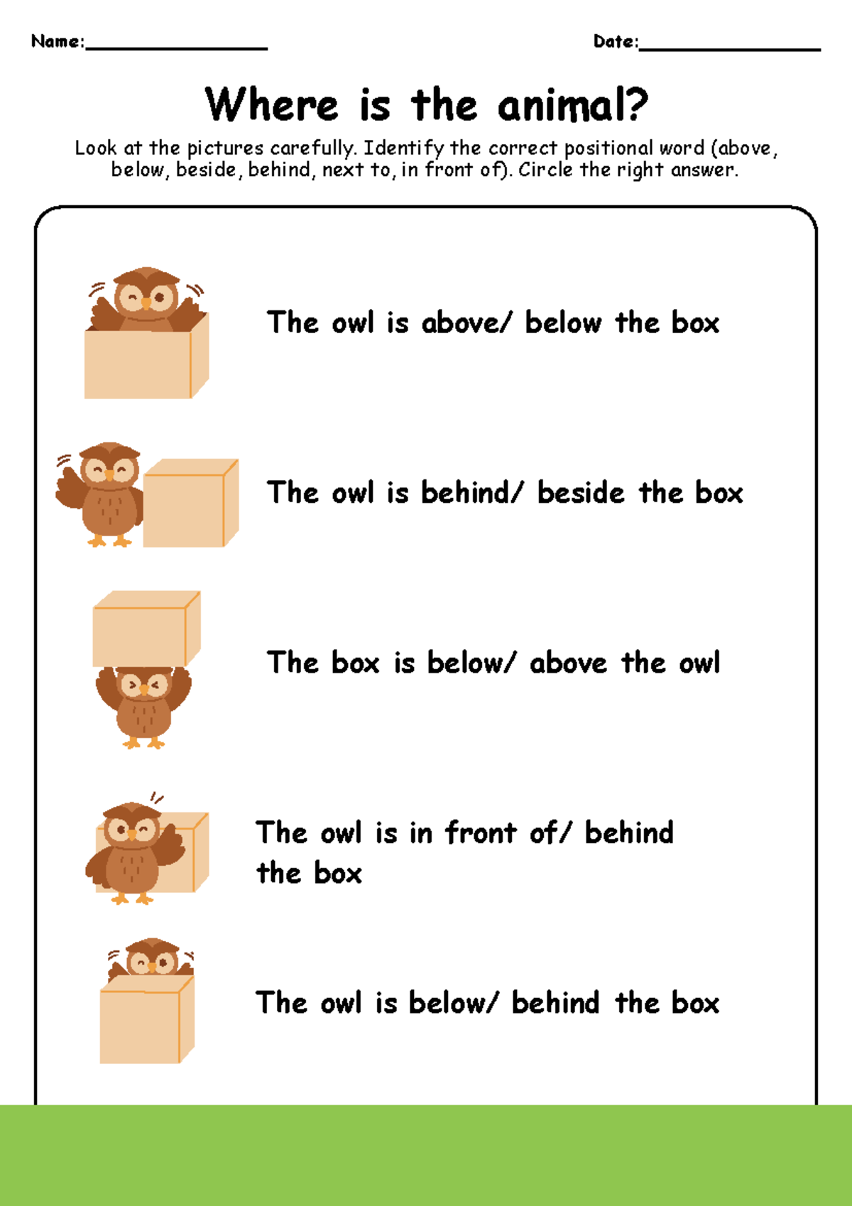 Where is the Animal? - Positional Words Worksheet - Name: Date: Where ...