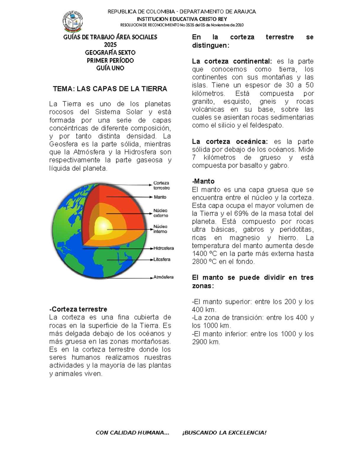 GUÍA 1 P.P. 2025: Capas de la Tierra - Sexto Grado - Studocu