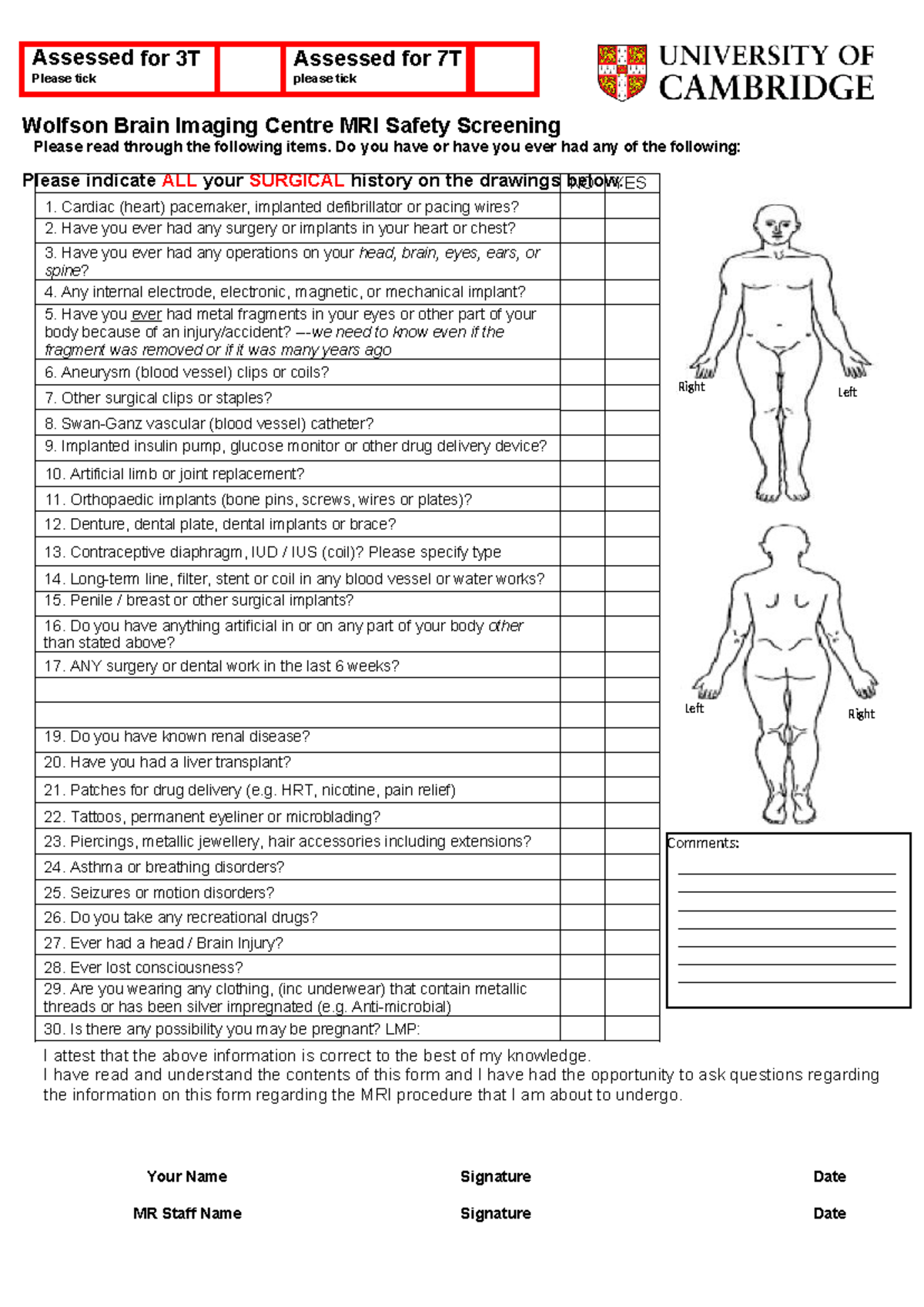MRI Safety Screening Form for 3T and 7T Assessments - Studocu