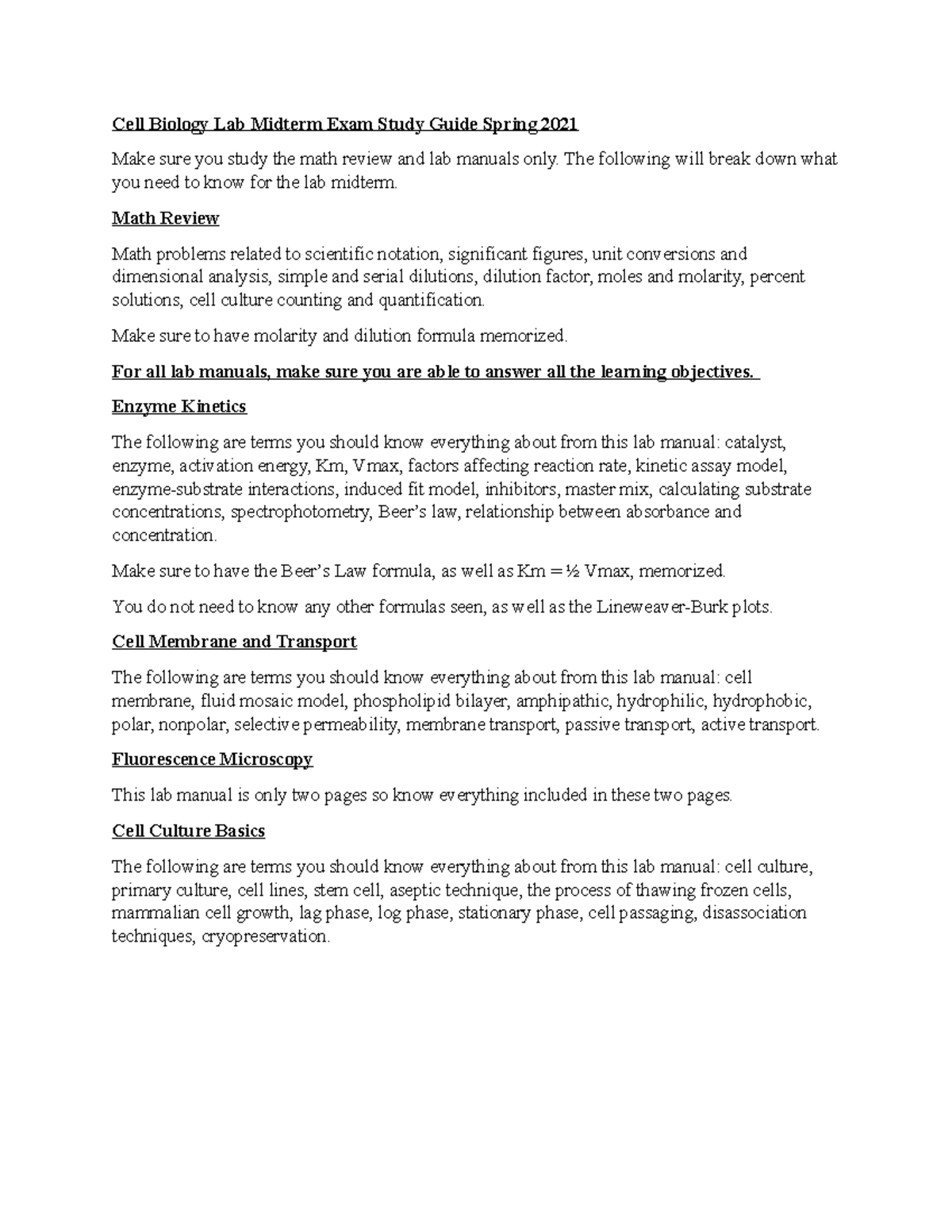 Cell Biology Lab Midterm Exam Study Guide Spring 2021 - The following ...