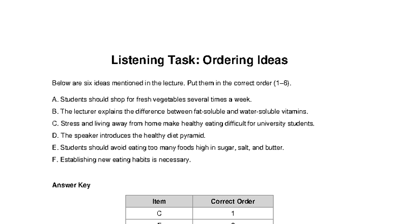 Listening order worksheet - Listening Task: Ordering Ideas Below are ...