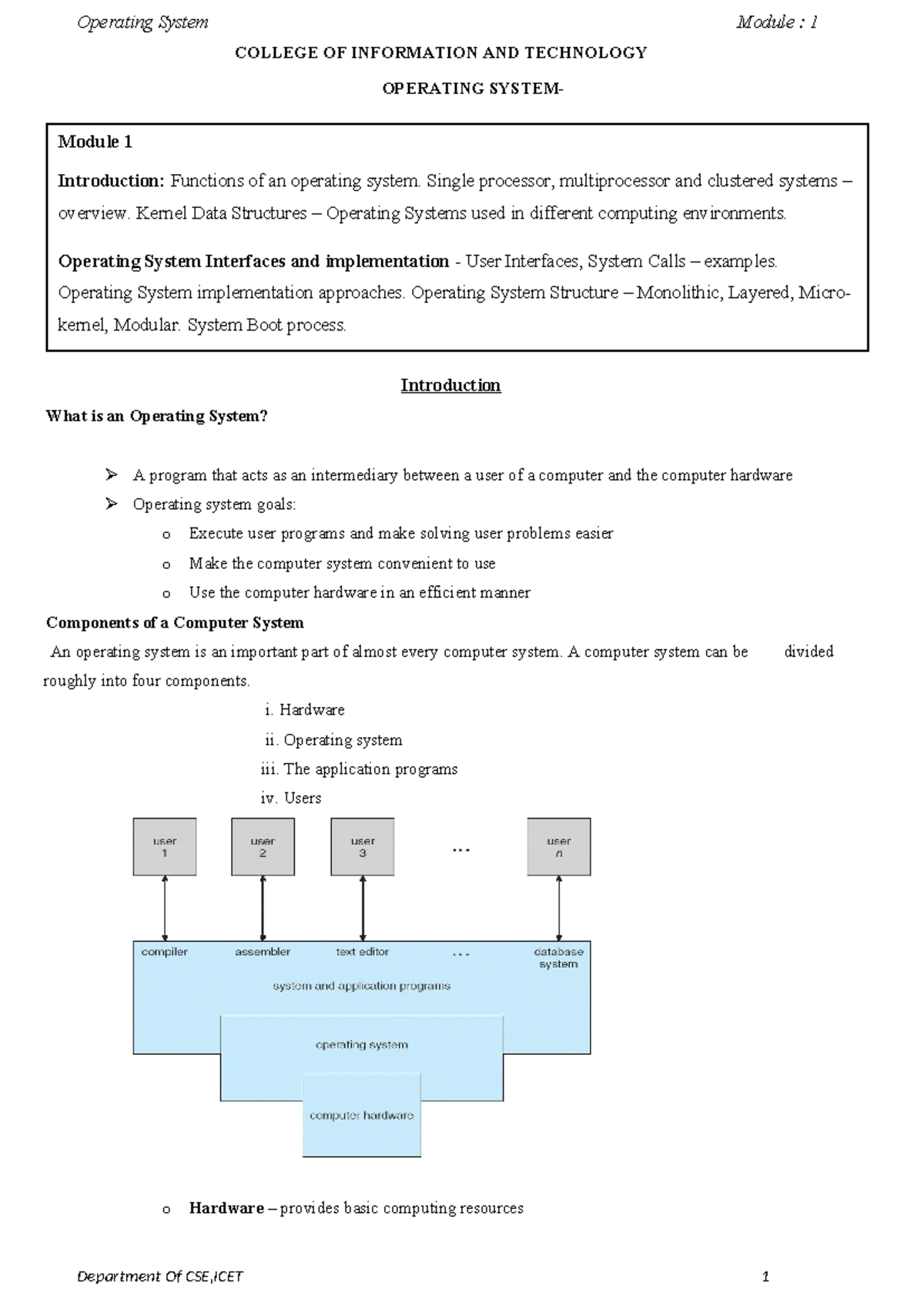 Operating System - Module 1 Introduction: Functions of an operating ...