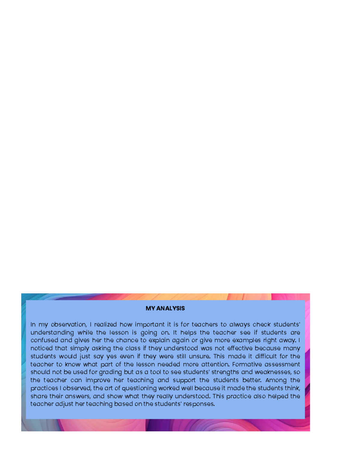 FS 1 EP 12 Analysis of Formative Assessment in Teaching - Studocu