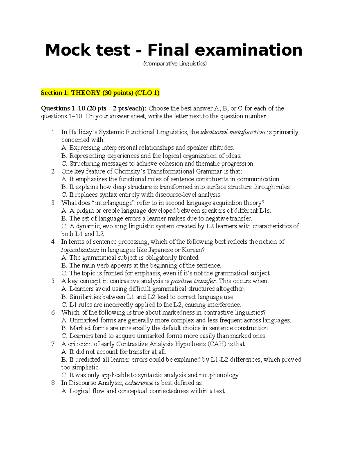 Mock Test: Final Exam in Comparative Linguistics (Theory & Language ...