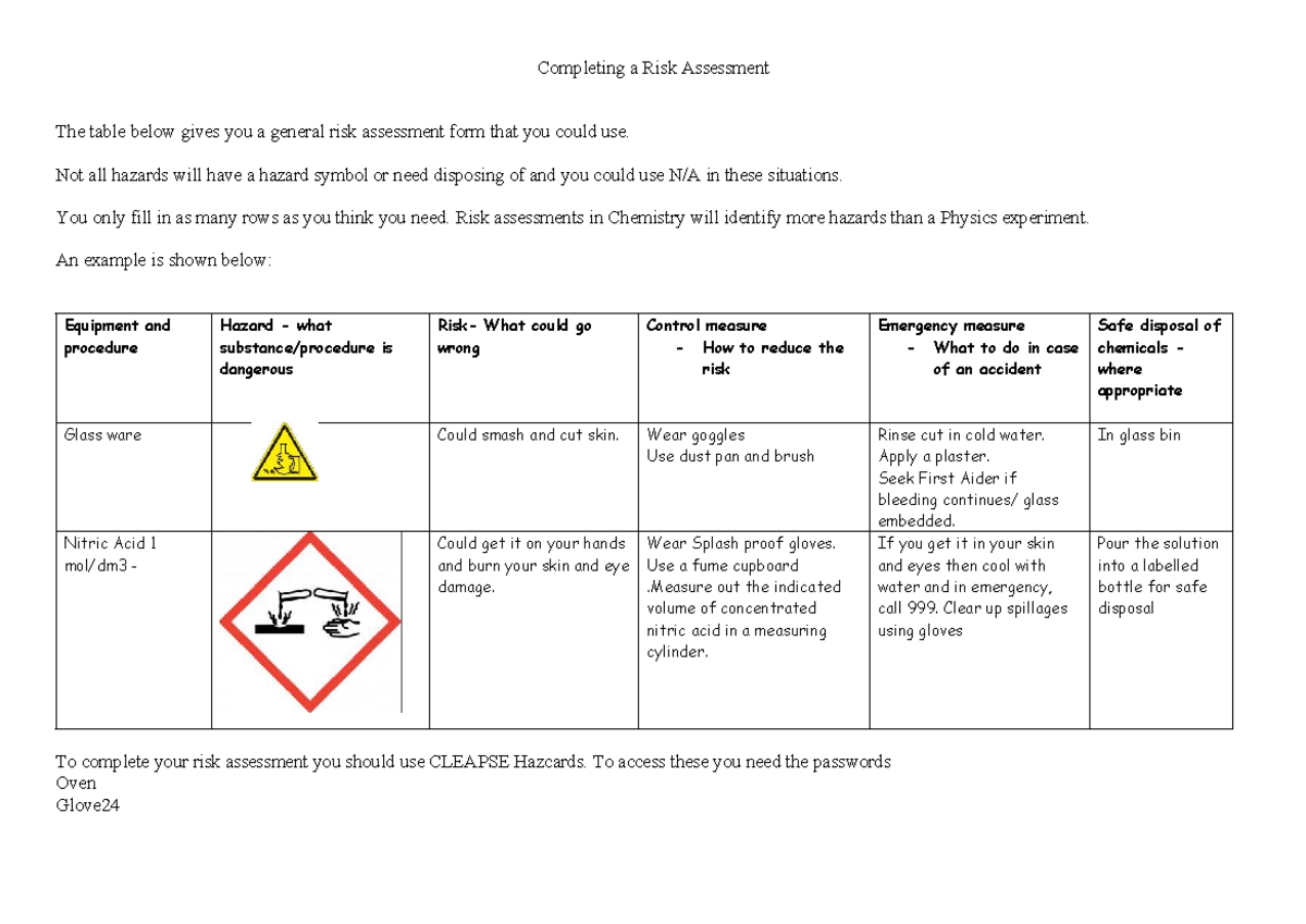 Risk Assessment Guidelines for Chemistry Experiments (CHEM 101) - Studocu