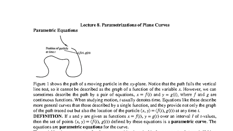 Lecture 8: Parametrizations of Plane Curves in Calculus 2 (2025) - Studocu