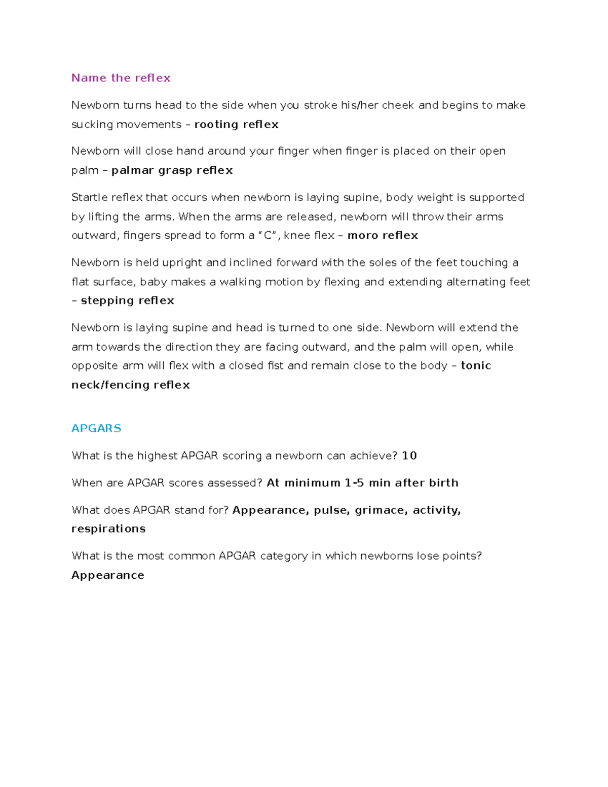 Jeopardy Exam 3 - practice material - Name the reflex Newborn turns ...