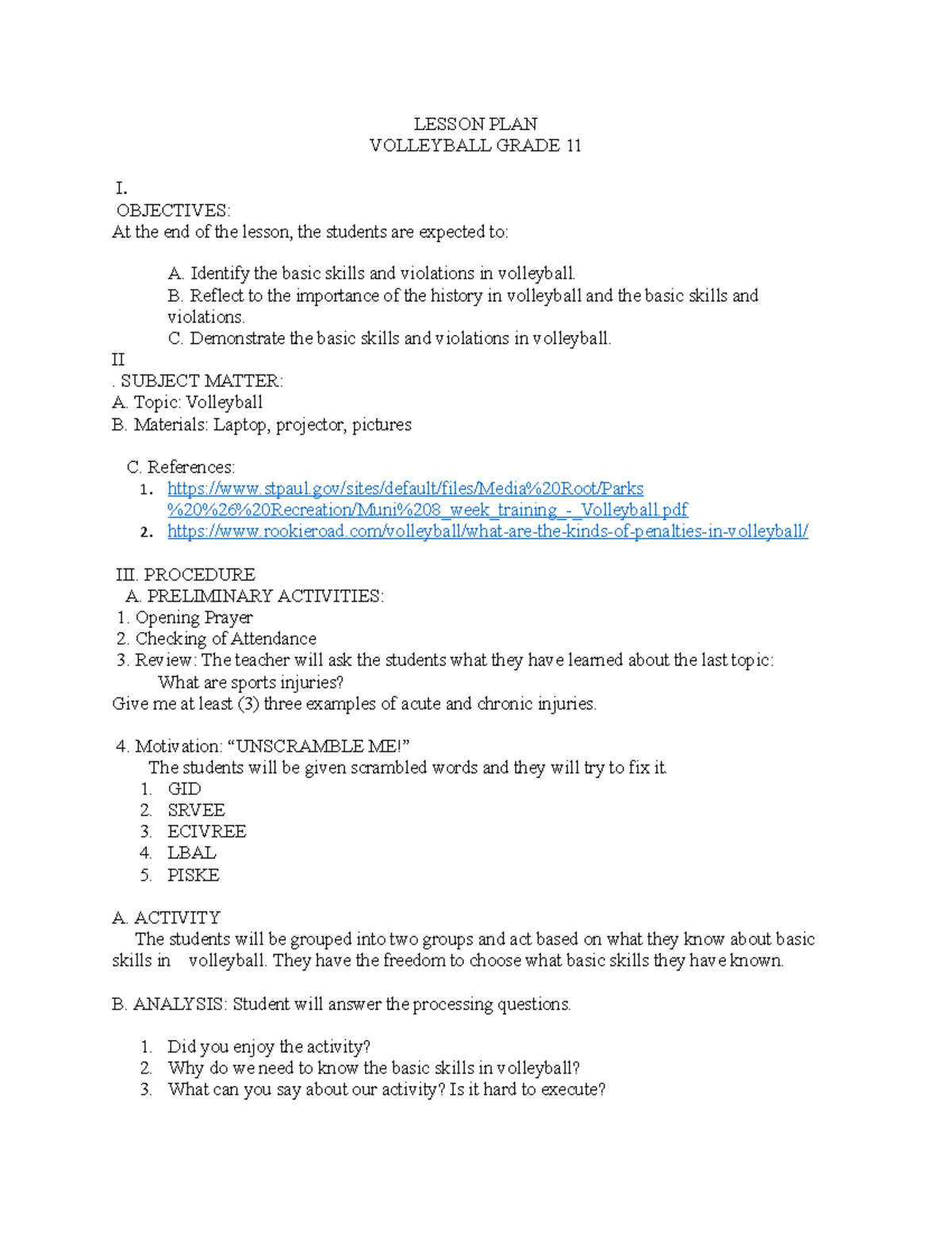 Final Lesson Plan: Volleyball (1VIVO) for Grade 11 Students - Studocu