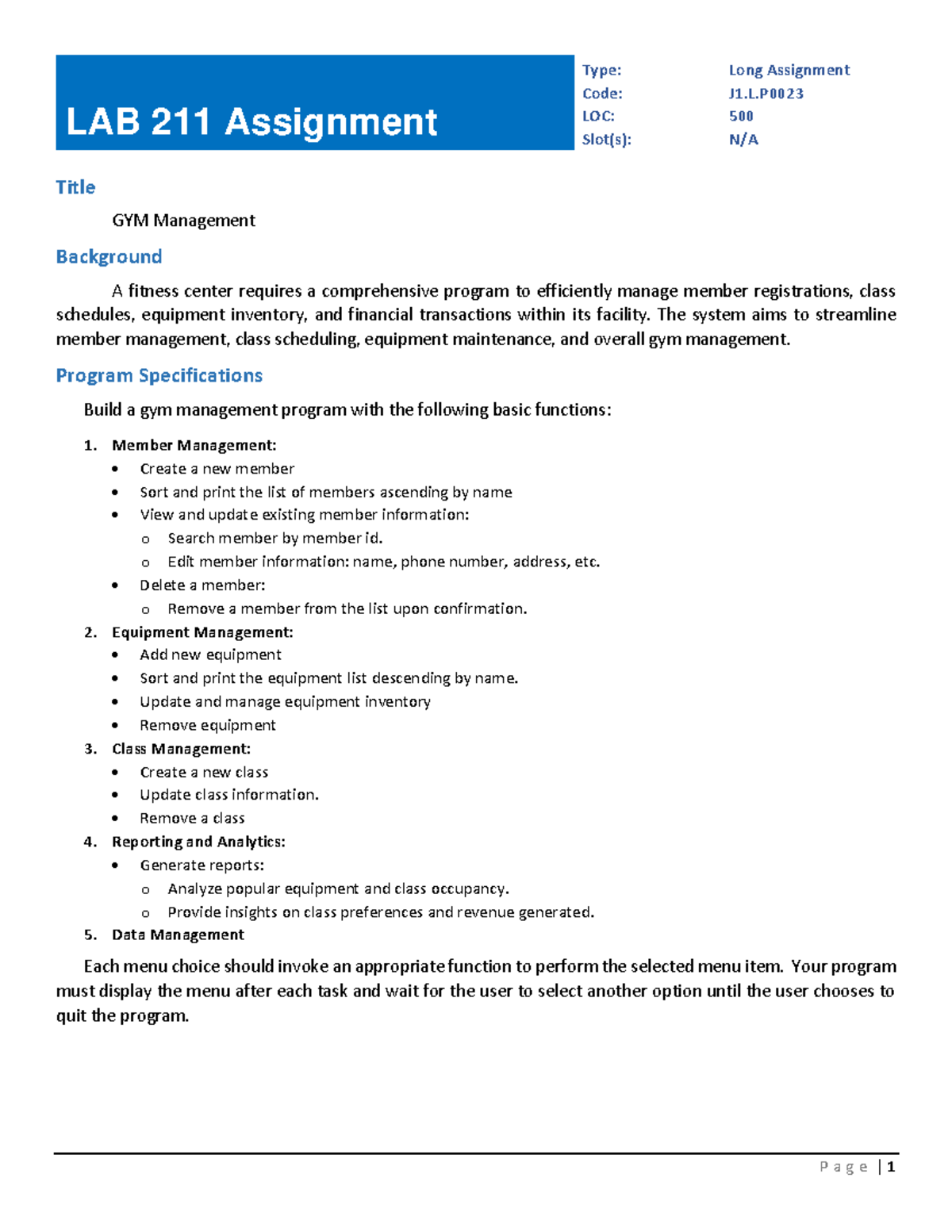 J1.L.P0023.GYM Management 550LOC - P a g e | 1 LAB 211 Assignment Type ...