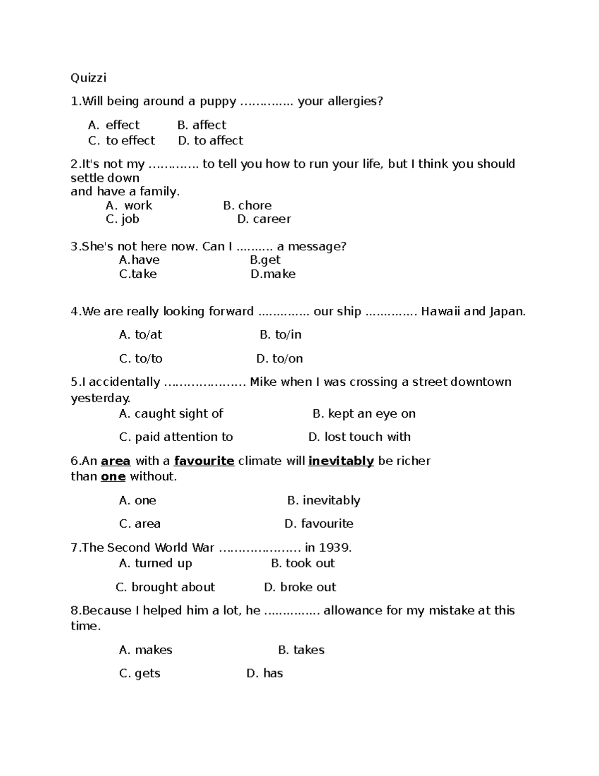 Quiz 1: Collocations and Vocabulary Practice - BT Tiếng Anh - Studocu