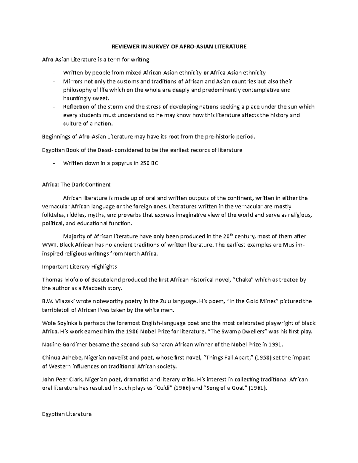 Survey of Afro-Asian Literature: Key Themes and Highlights - Studocu