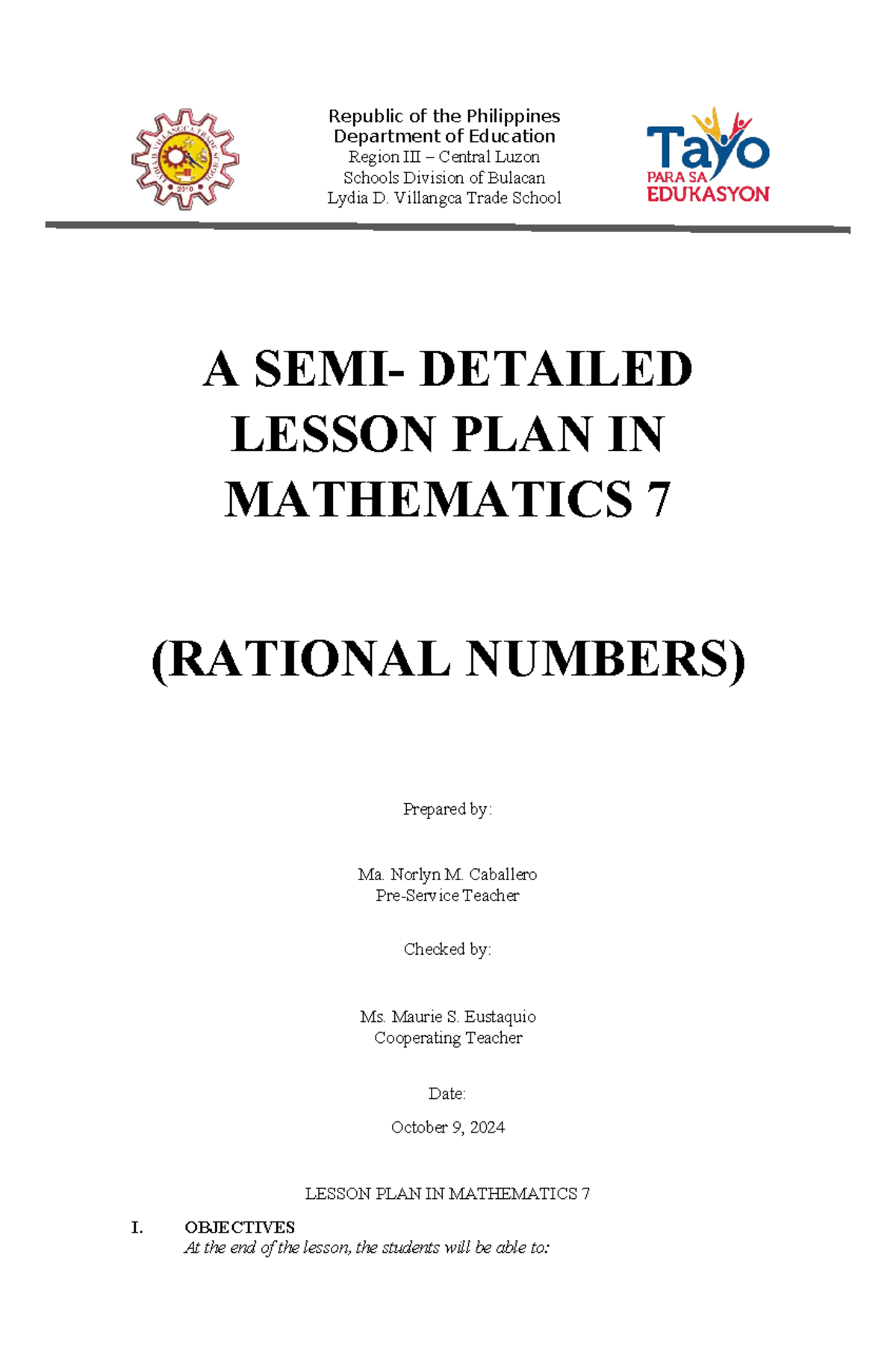 Detailed Lesson Plan in Mathematics 7: Rational Numbers - Studocu