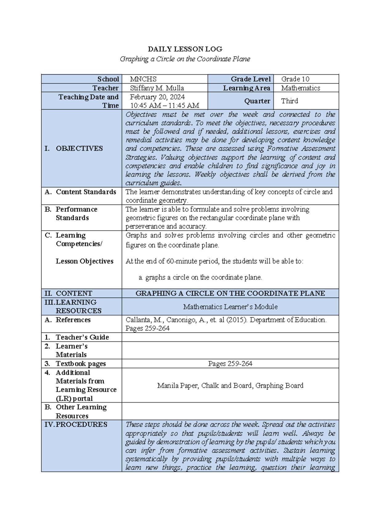DLL 2. Graphing a Circle on the Coordinate Plane - Grade 10 Lesson ...