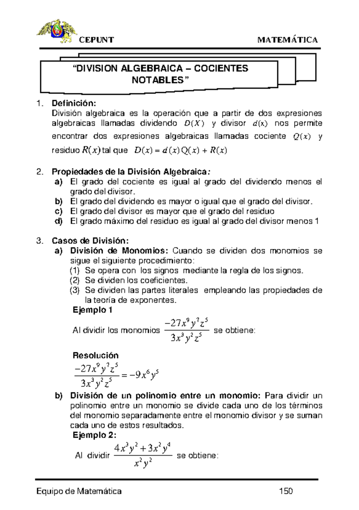 S-11: División Algebraica y Cocientes Notables - Resumen Completo - Studocu