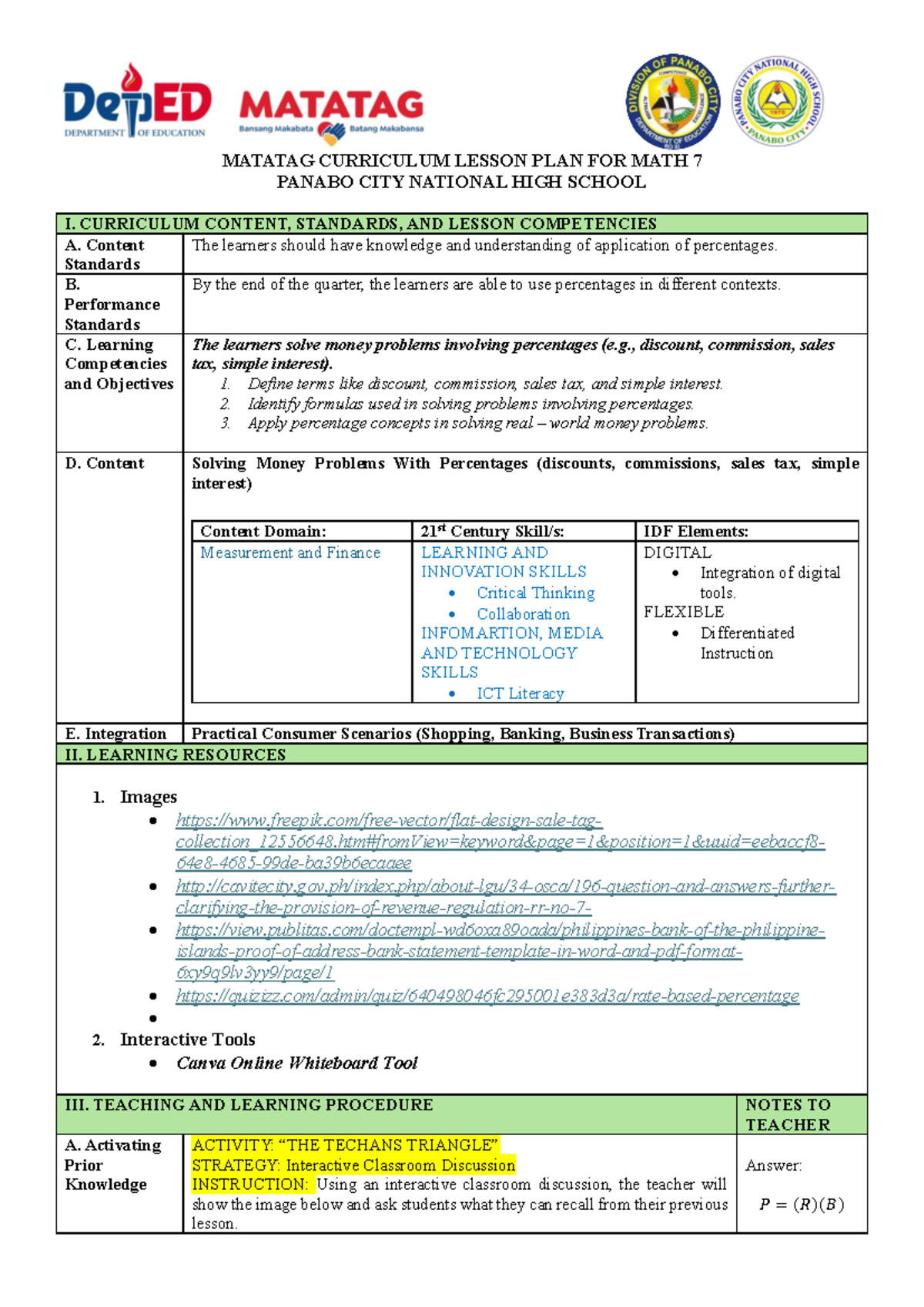 MATATAG CURRICULUM MATH 7 LESSON PLAN: PERCENTAGE APPLICATIONS - Studocu