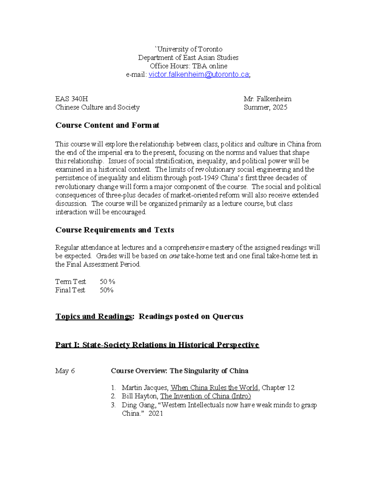 EAS 340H Summer 2025 Syllabus: Chinese Culture & Society Overview - Studocu