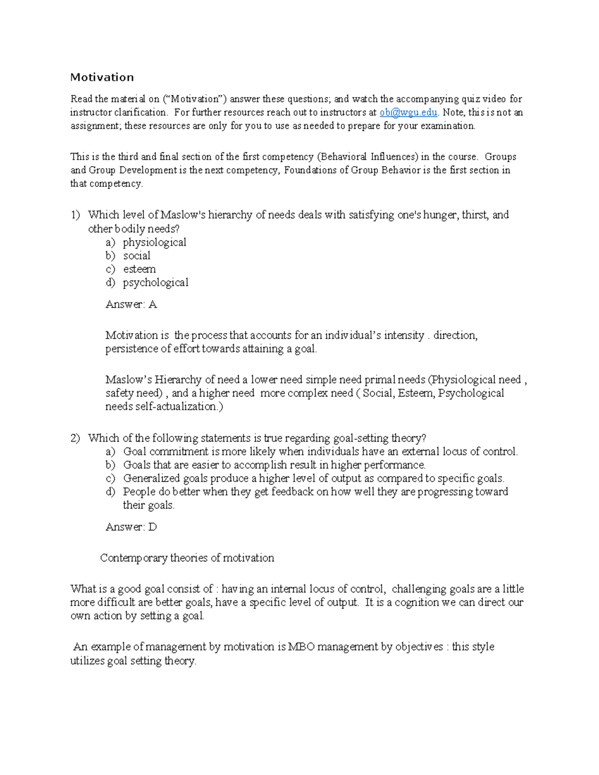 Motivation concepts multiple choice questions - Motivation Read the ...