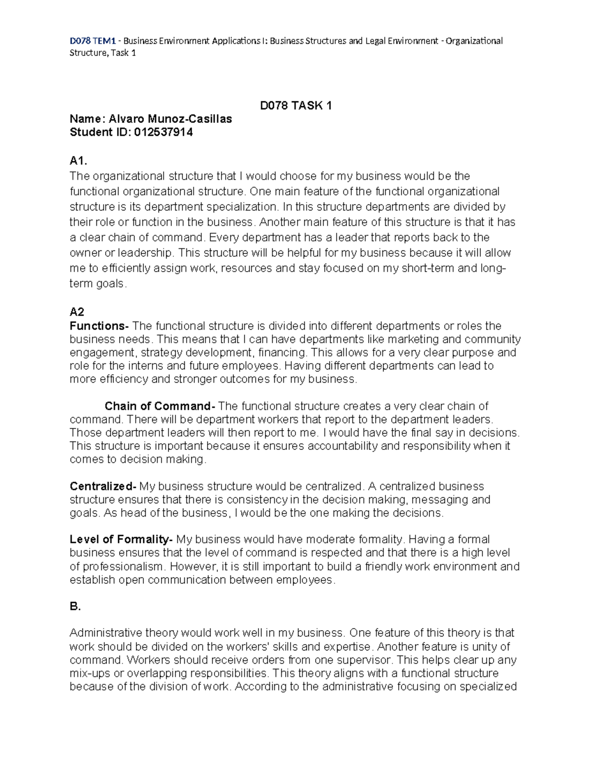 D078 - Task 1 - PASSED d078 tasked 1 - D078 TEM1 - Business Environment Applications I: Business ...