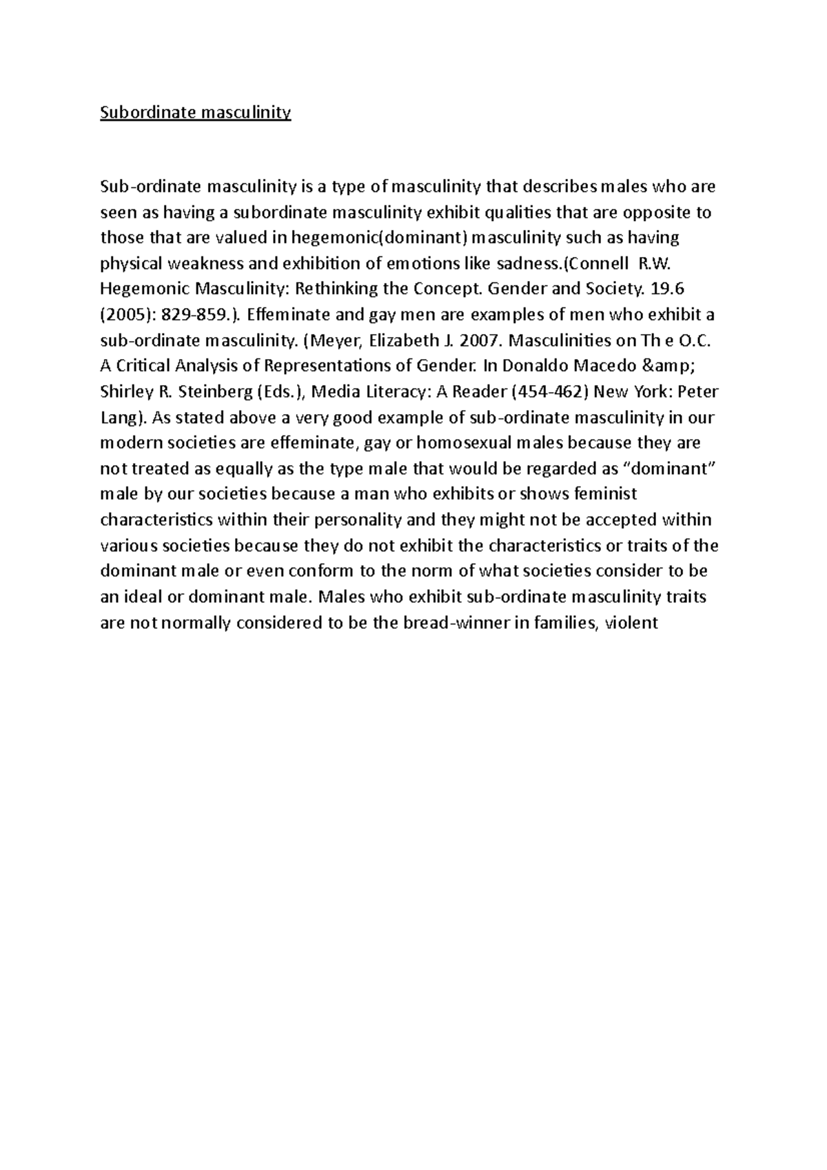 Subordinate masculinity - (Connell R. Hegemonic Masculinity: Rethinking ...