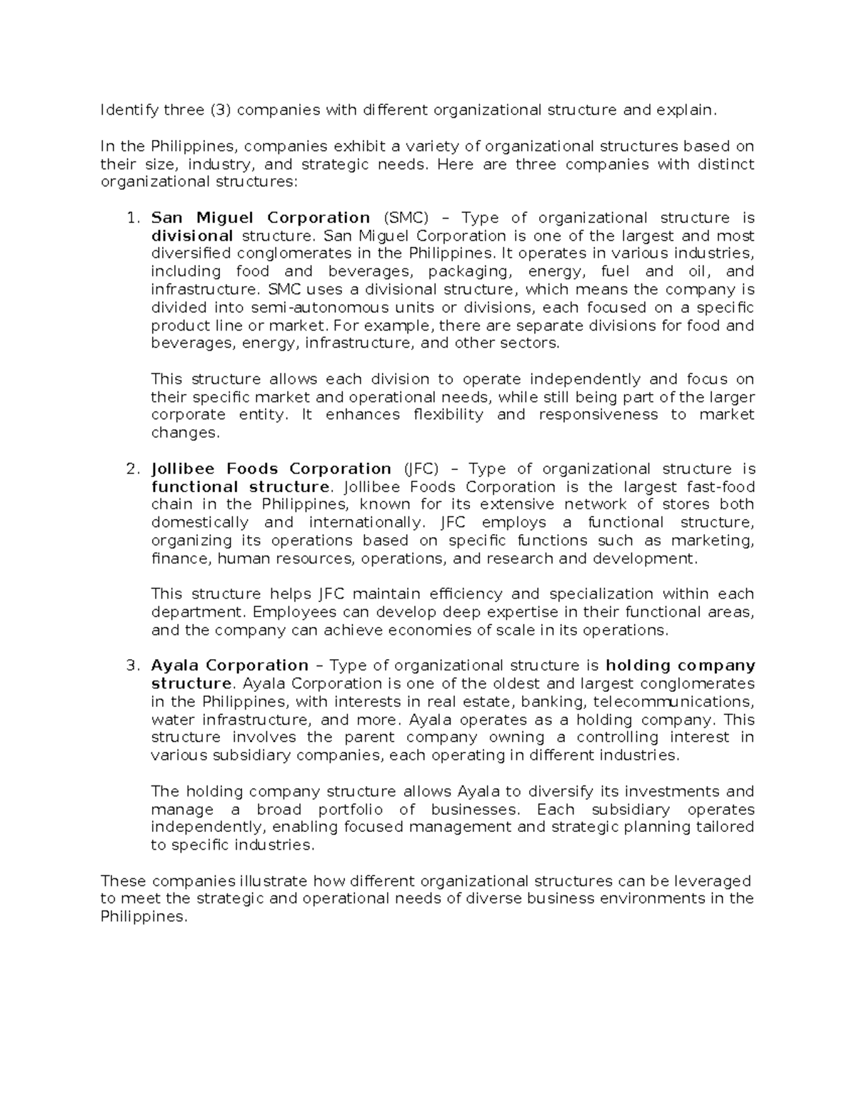 Comparative Study of Org Structures: SMC, JFC & Ayala Corp - Studocu