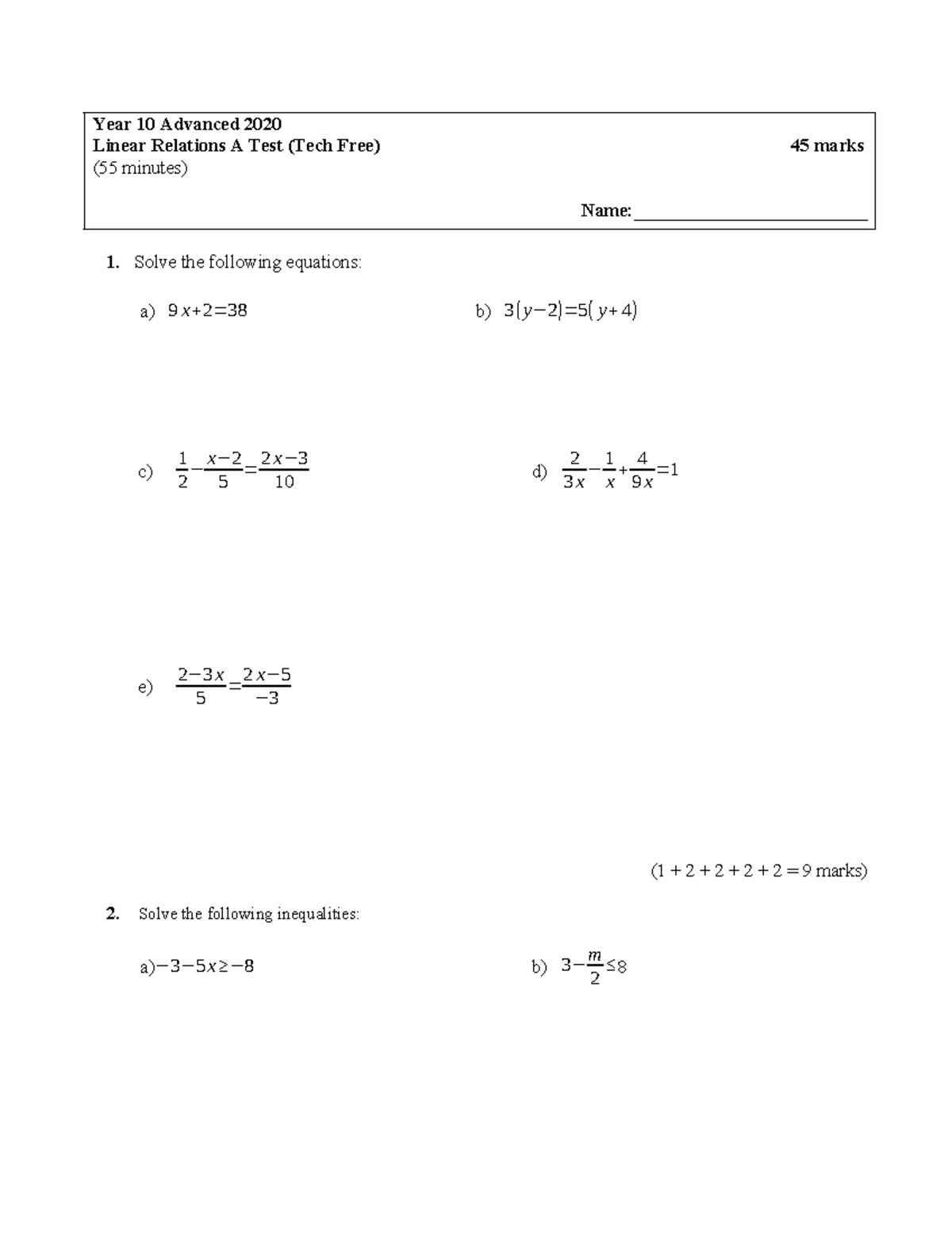 Year 10 2023 Linear Relations Practice Test Answers - Studocu