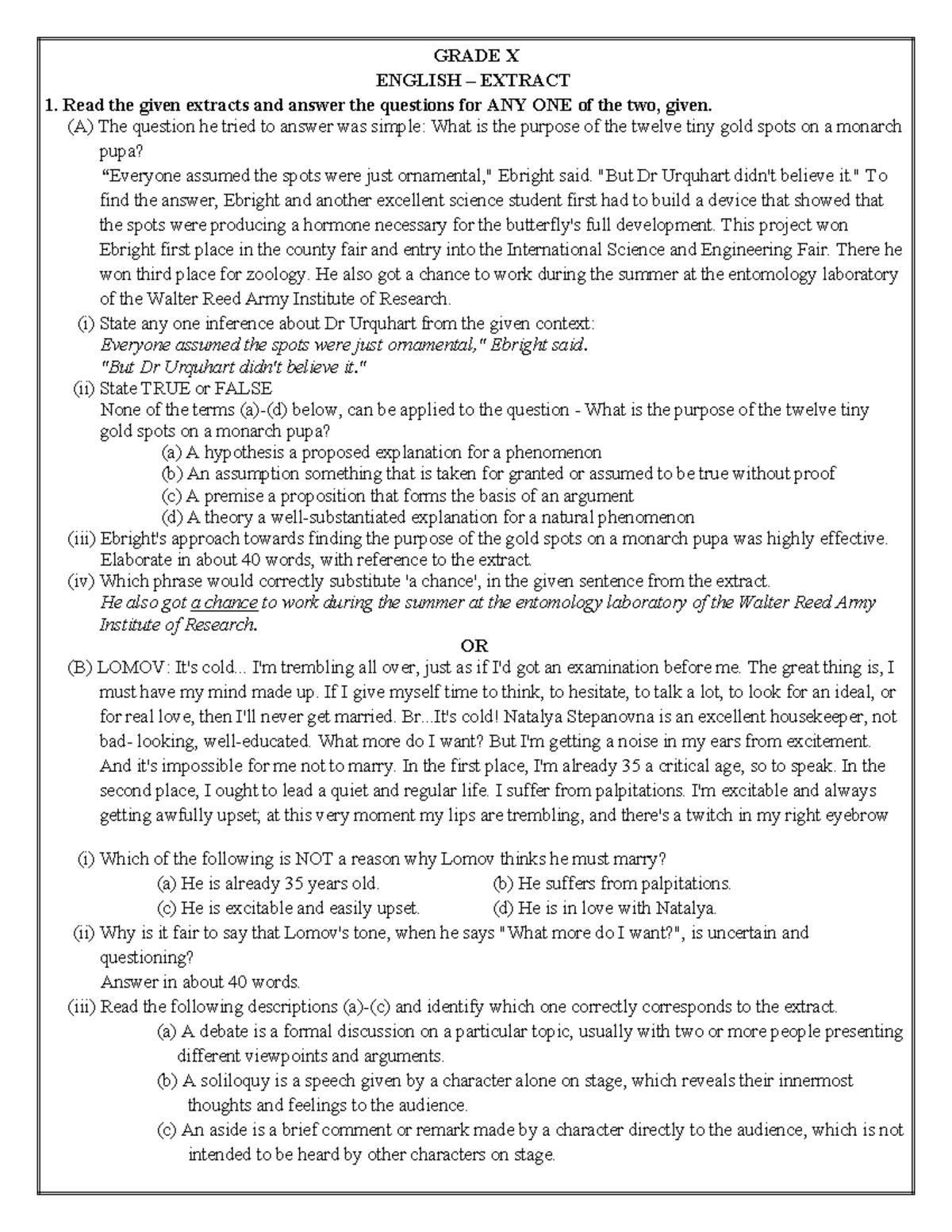 Grade X English - Extract Questions & Answers - Studocu