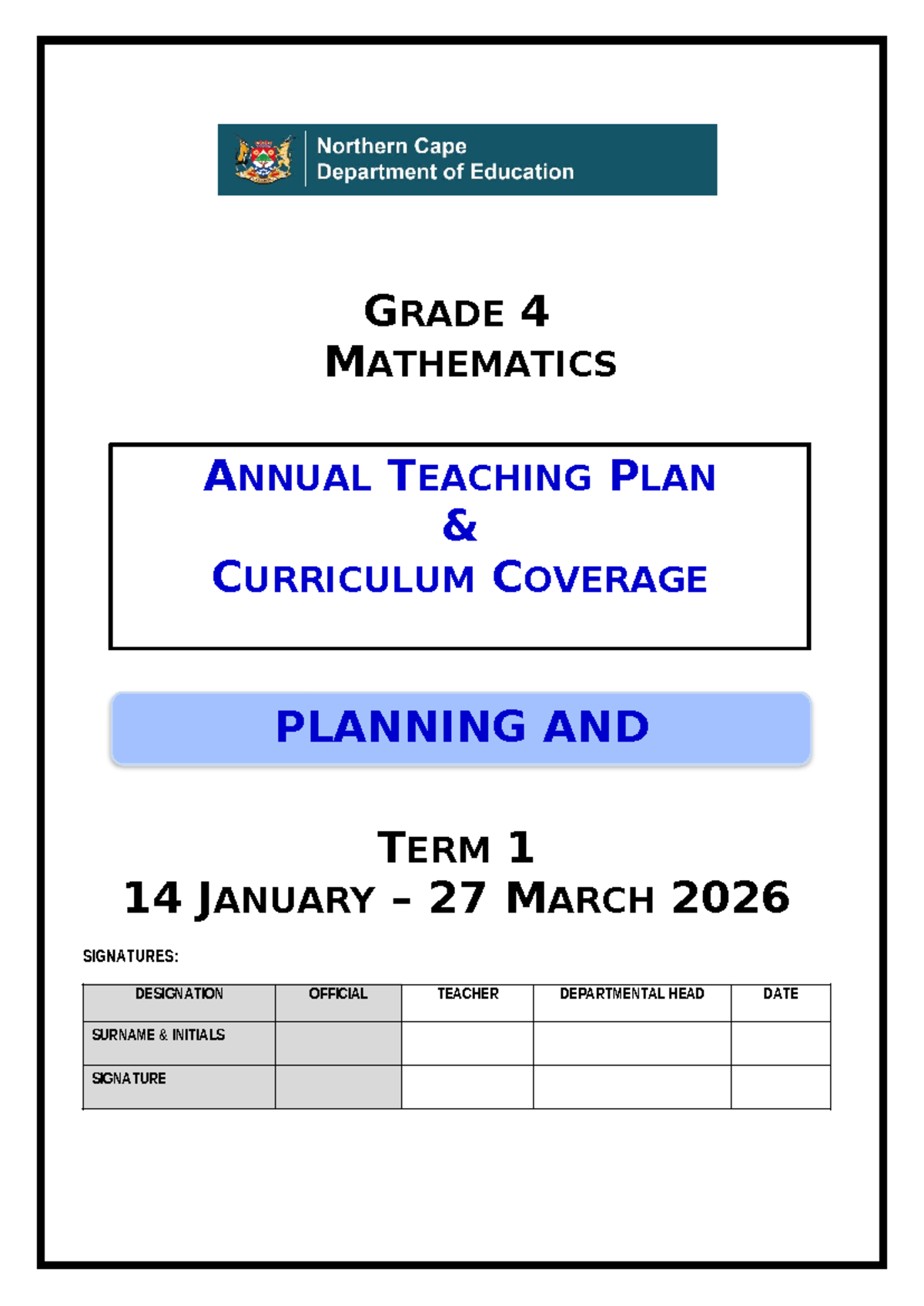 Grade 4 Mathematics Annual Teaching Plan: Term 1 Coverage 2026 - Studocu