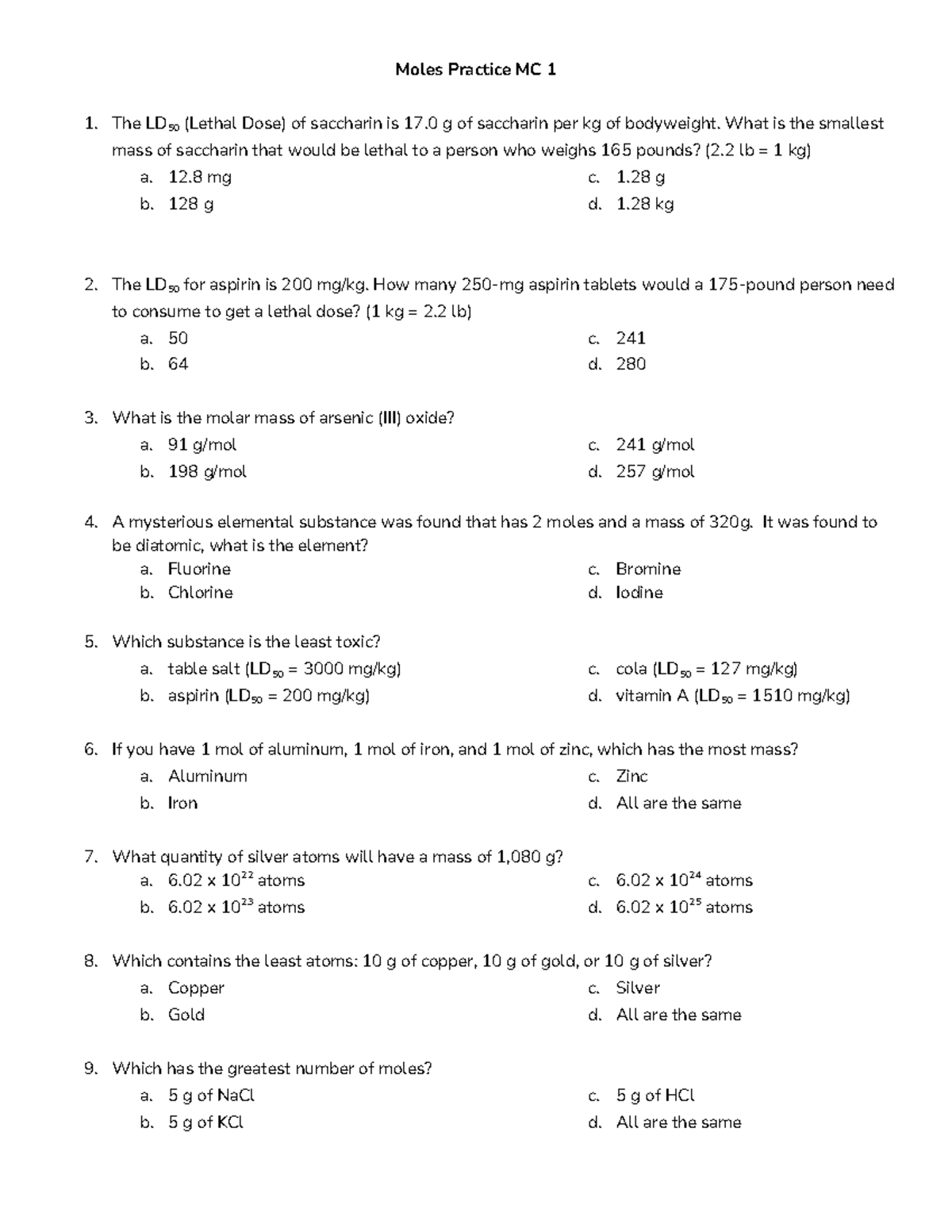 Moles Practice MC Questions and Answer Key for Chemistry 101 - Moles ...