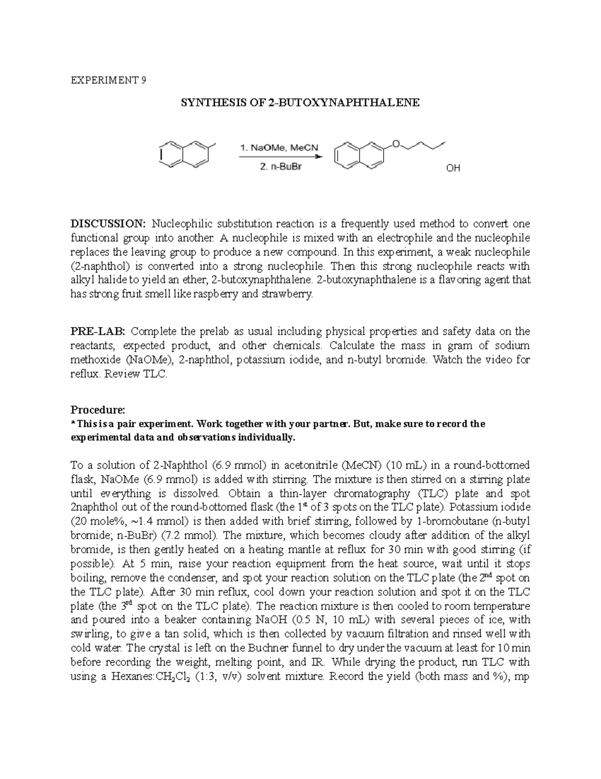Experiment 9: Synthesis of 2-Butoxynaphthalene and Mechanism Review ...