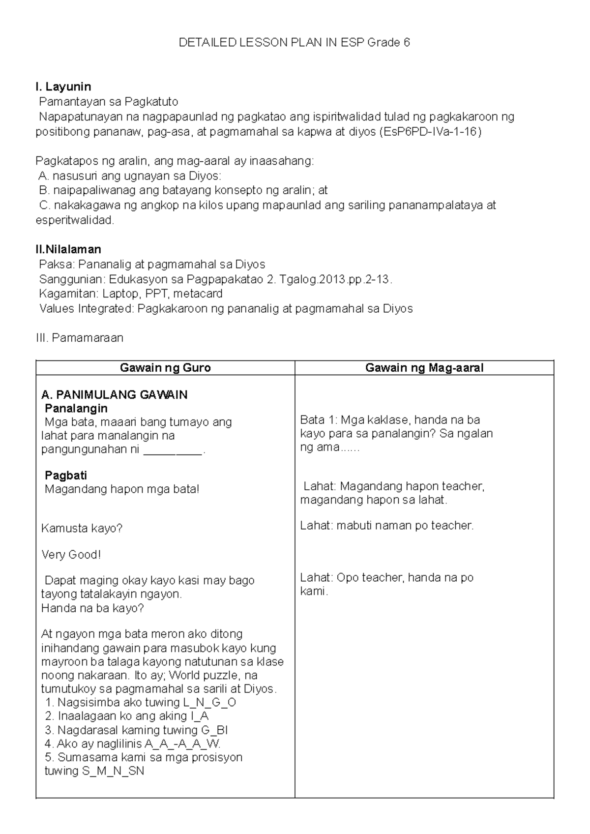 Detailed Lesson Plan in ESP Grade 6: Pananalig at Pagmamahal sa Diyos ...