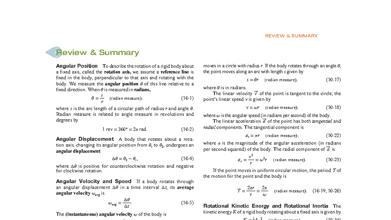 Chapter 10 Summary: Angular Motion and Rotational Dynamics - Studocu