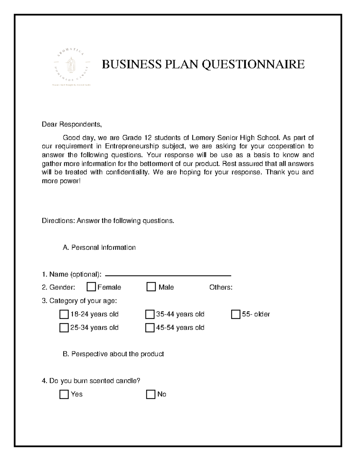 Entrepreneurship 12: Candle Business Plan Questionnaire Survey - Studocu