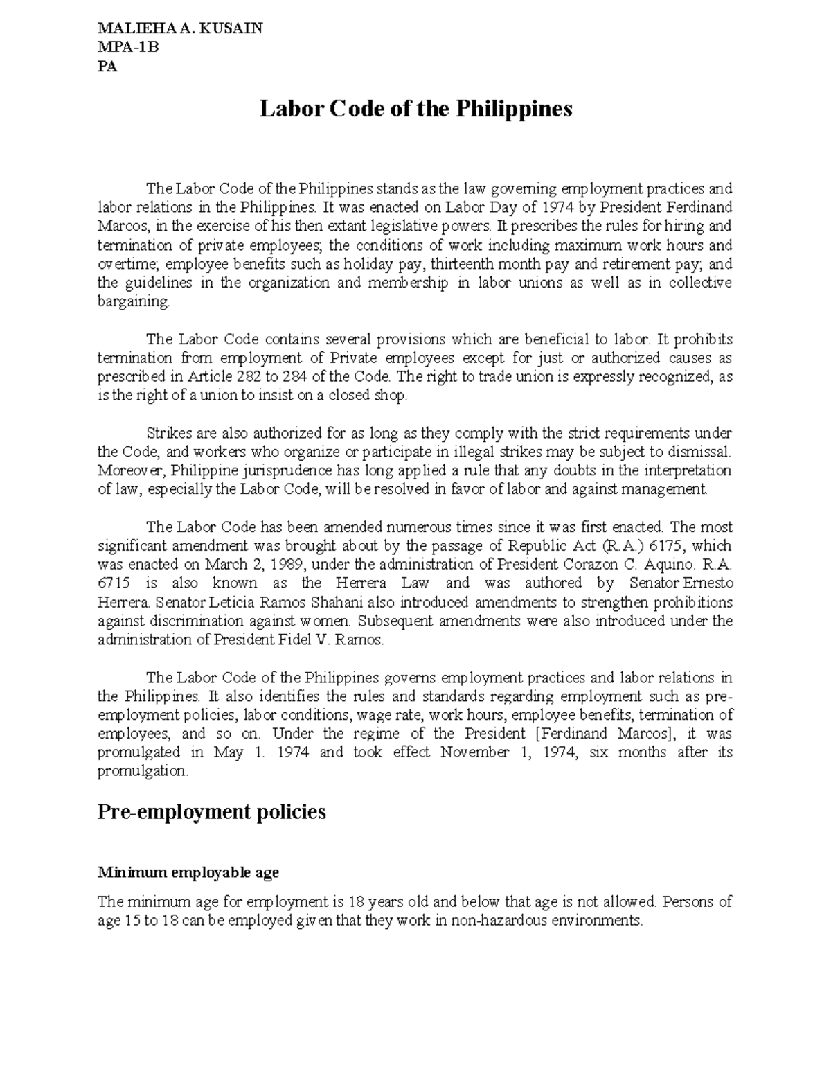 Labor Code of the Philippines - MALIEHA A. KUSAIN MPA-1B PA Labor Code ...