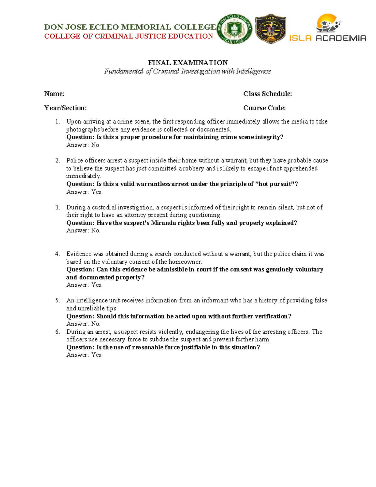 CDI 201 Final Exam - Answer Key for Criminal Investigation - Studocu