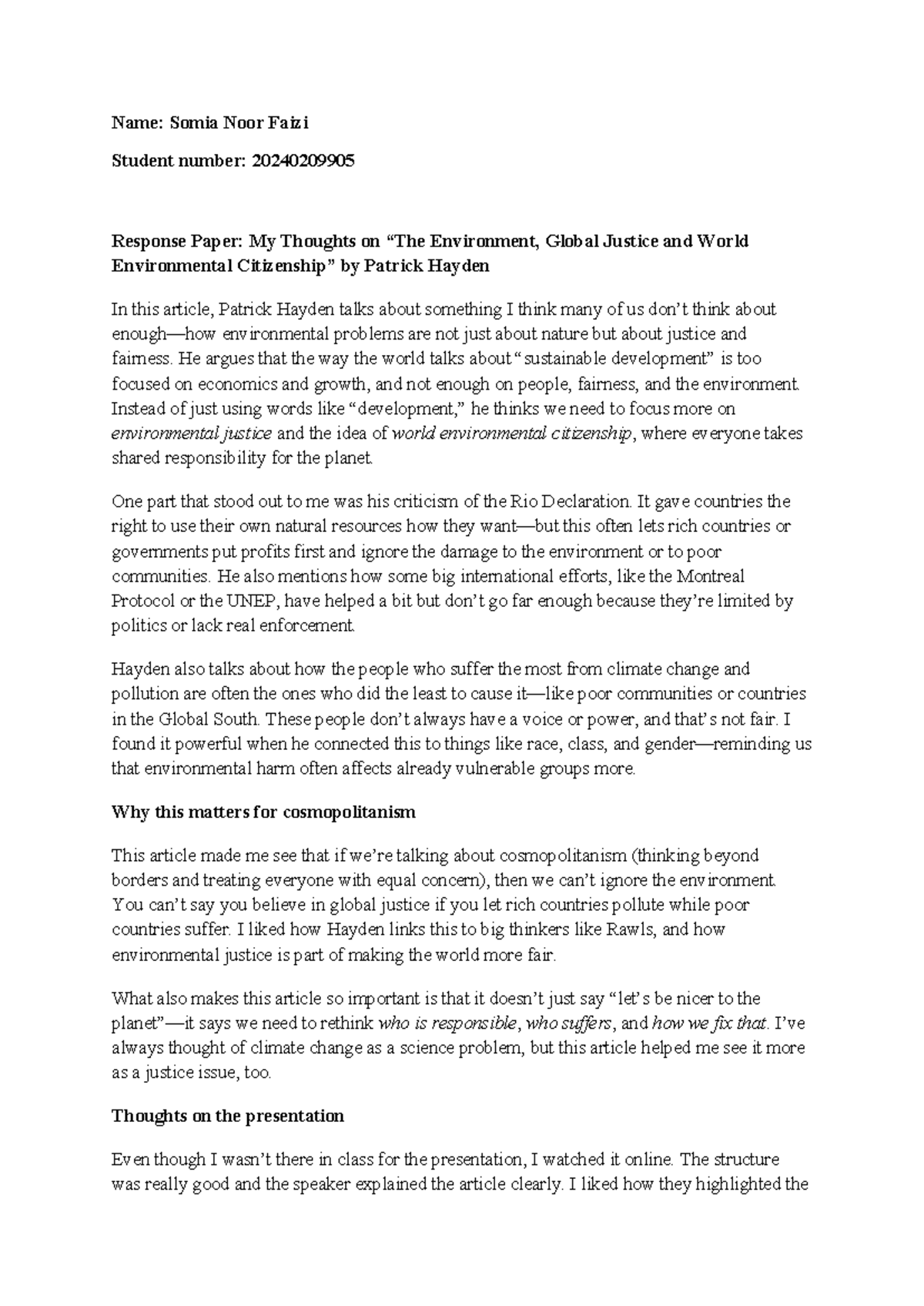 COS 202: Response Paper on Environment & Global Justice - Studocu