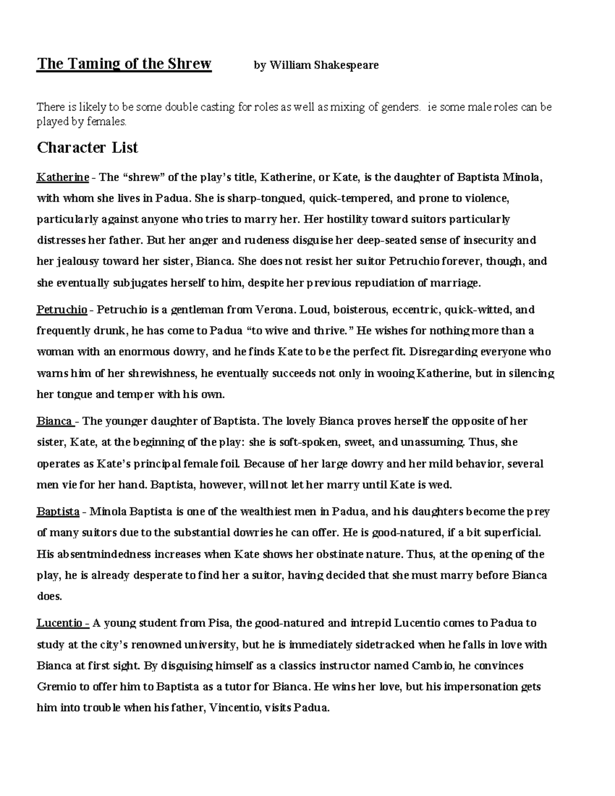 Character Analysis of "The Taming of the Shrew" (ENG 101) - Studocu