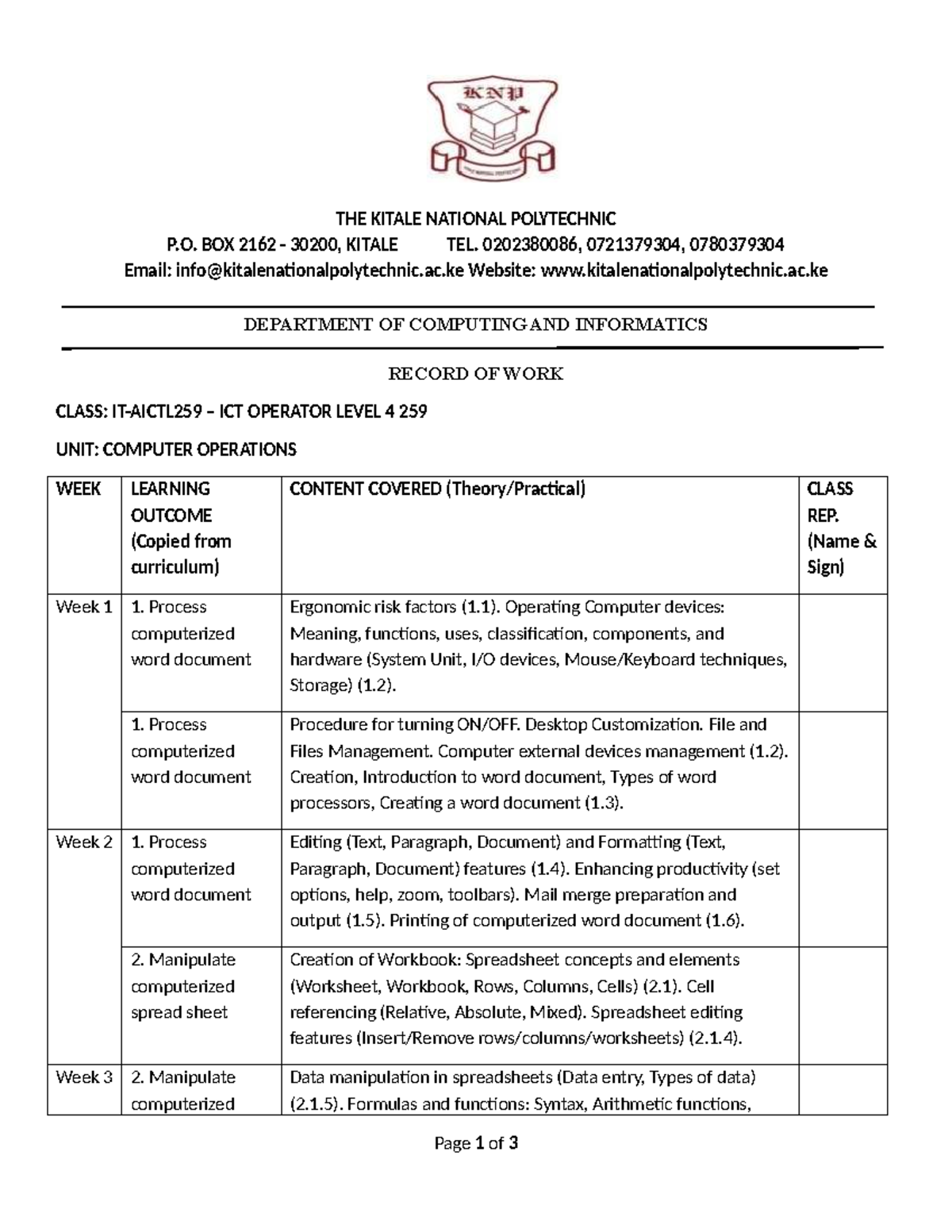 ICT OPERATOR LEVEL 4: Computer Operations Record of Work - Studocu